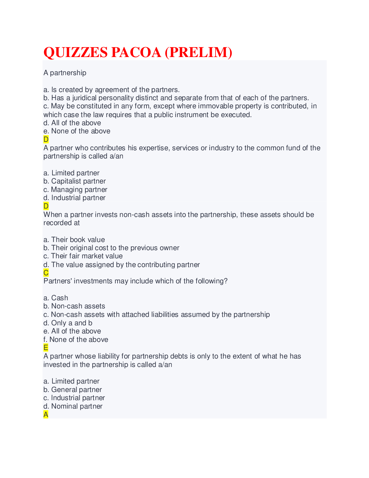 QUIZZES PACOA (PRELIM) EXAM WITH MULTIPLE CHOICES AND CORRECT ANSWERS ...