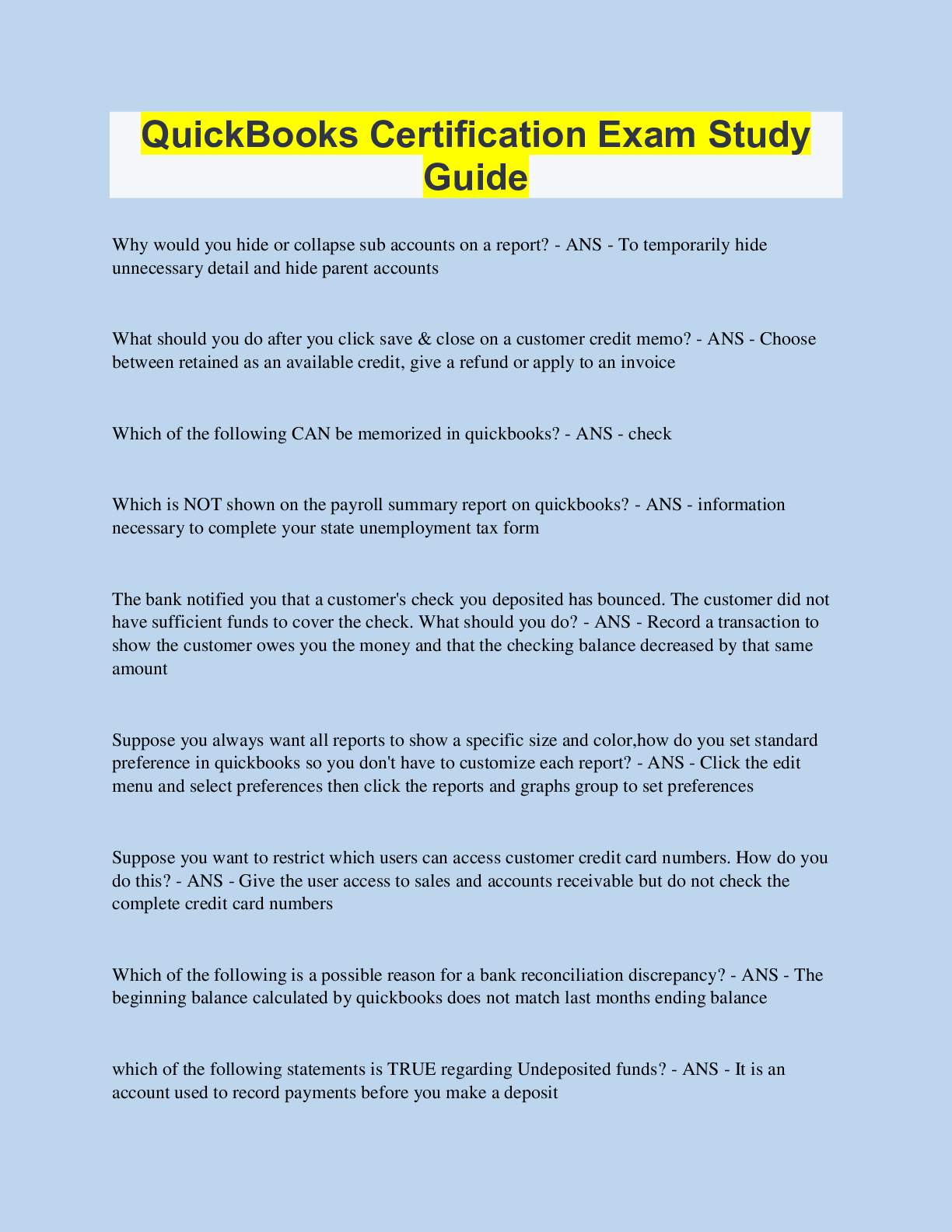 QuickBooks Certification Exam Study Guide | 125 Questions with 100% ...