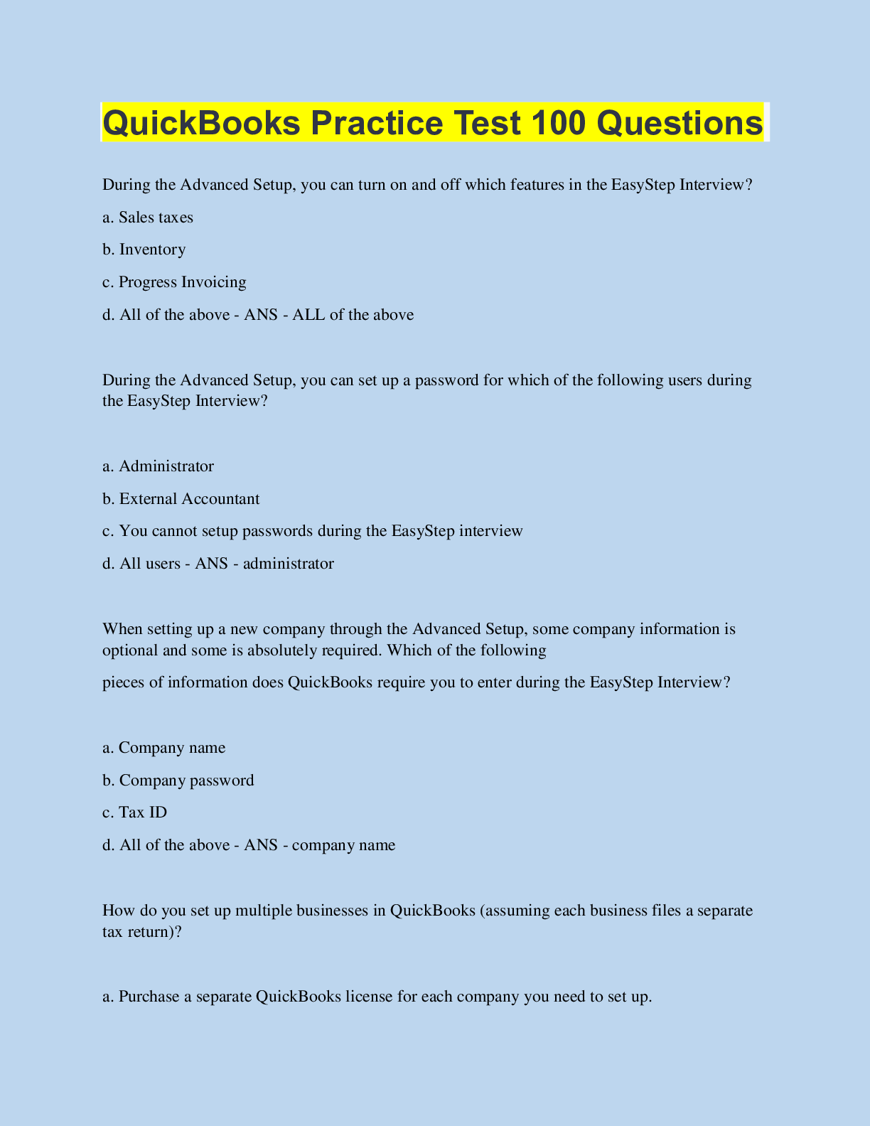 QuickBooks Practice Test 100 Questions |with 100% Correct Answers ...