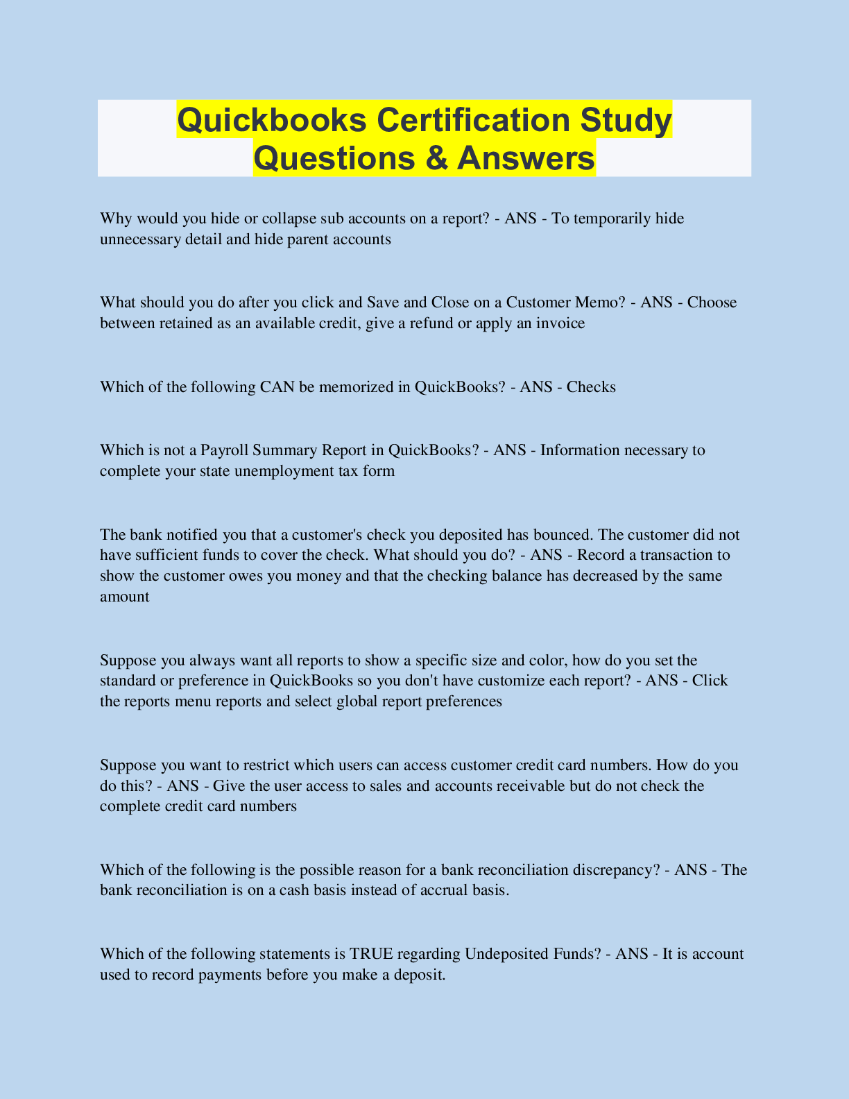 Quickbooks Certification Study Questions & Answers | 150 Questions with ...