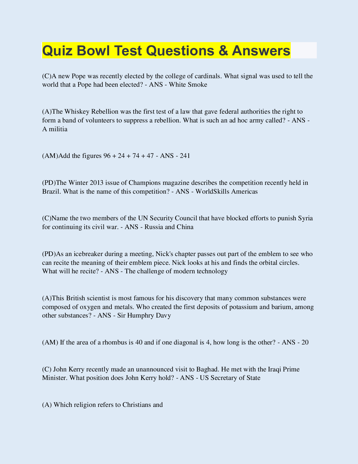 Quiz Bowl Test Questions & Answers - Scholarfriends