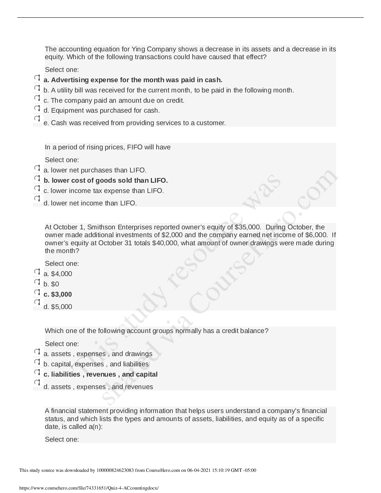 FINANCE 301 Quiz 4 ACcounting.docx 2021 – Scholarfriends - Scholarfriends