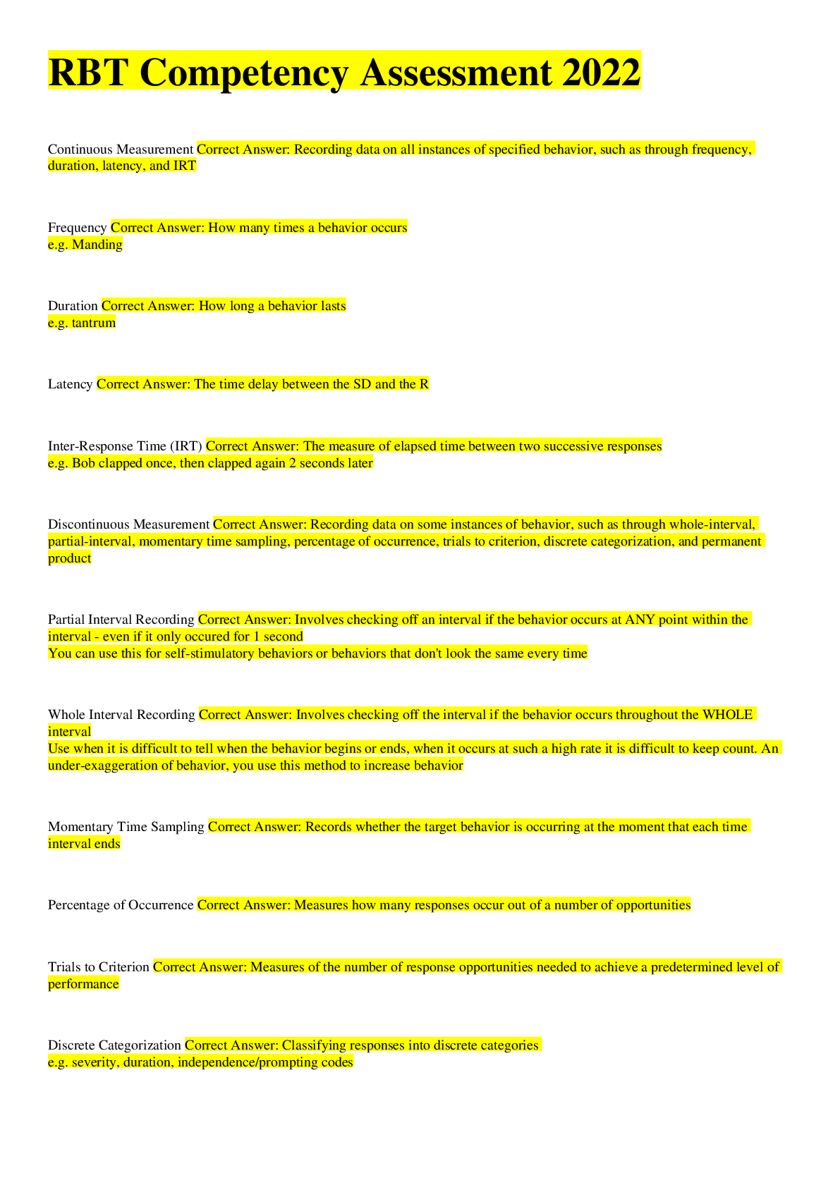 RBT Competency Assessment 2022(actual test) questions and answers all ...