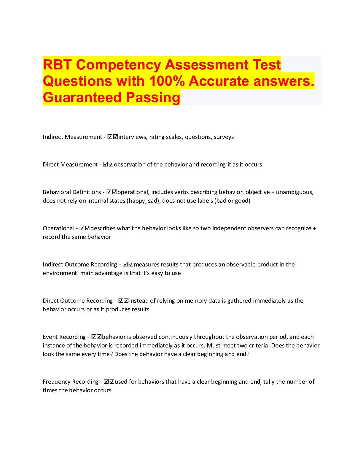 RBT Competency Assessment Test Questions with 100% Accurate answers ...