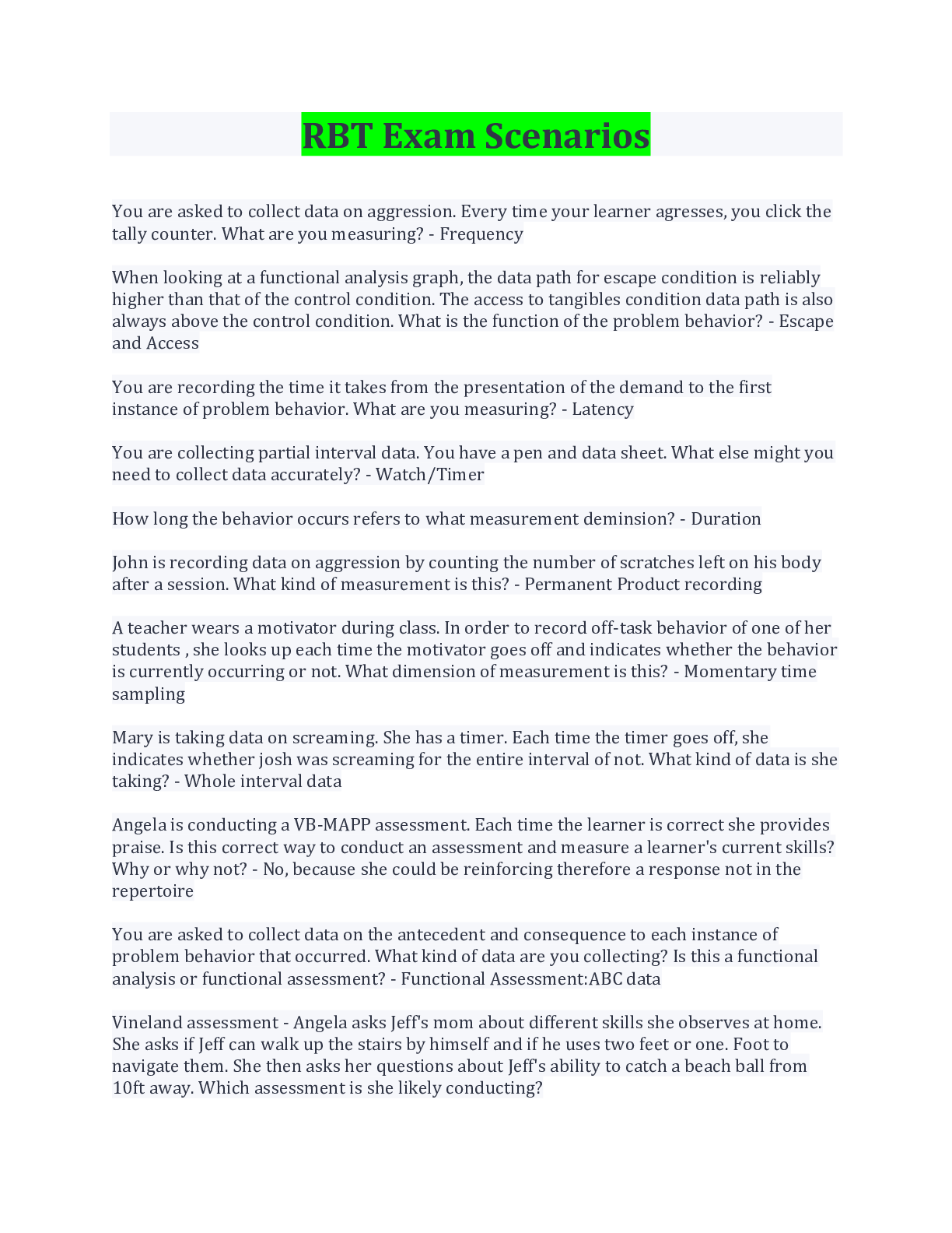 RBT Exam Scenarios Questions And Answers With Complete Solution Rated A ...