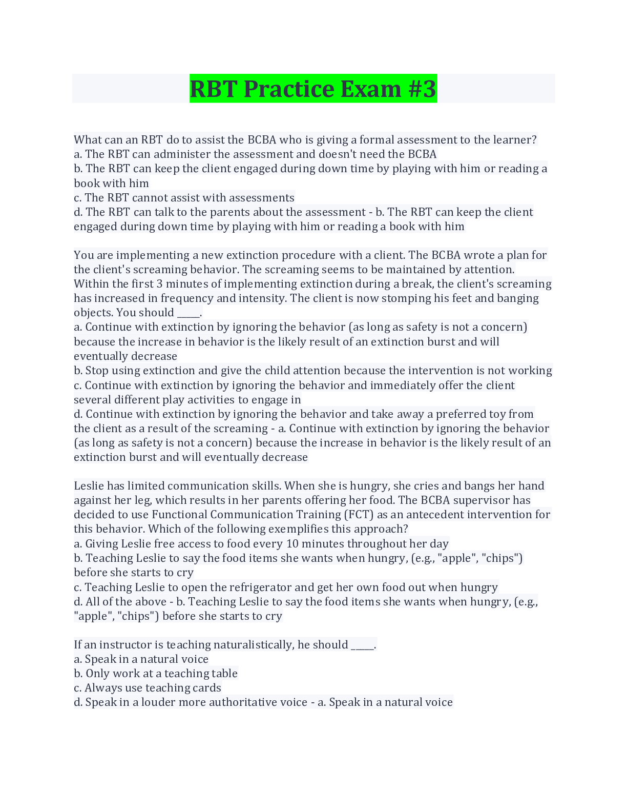 RBT Practice Exam #3 Questions And Answers Multiple Choices With ...