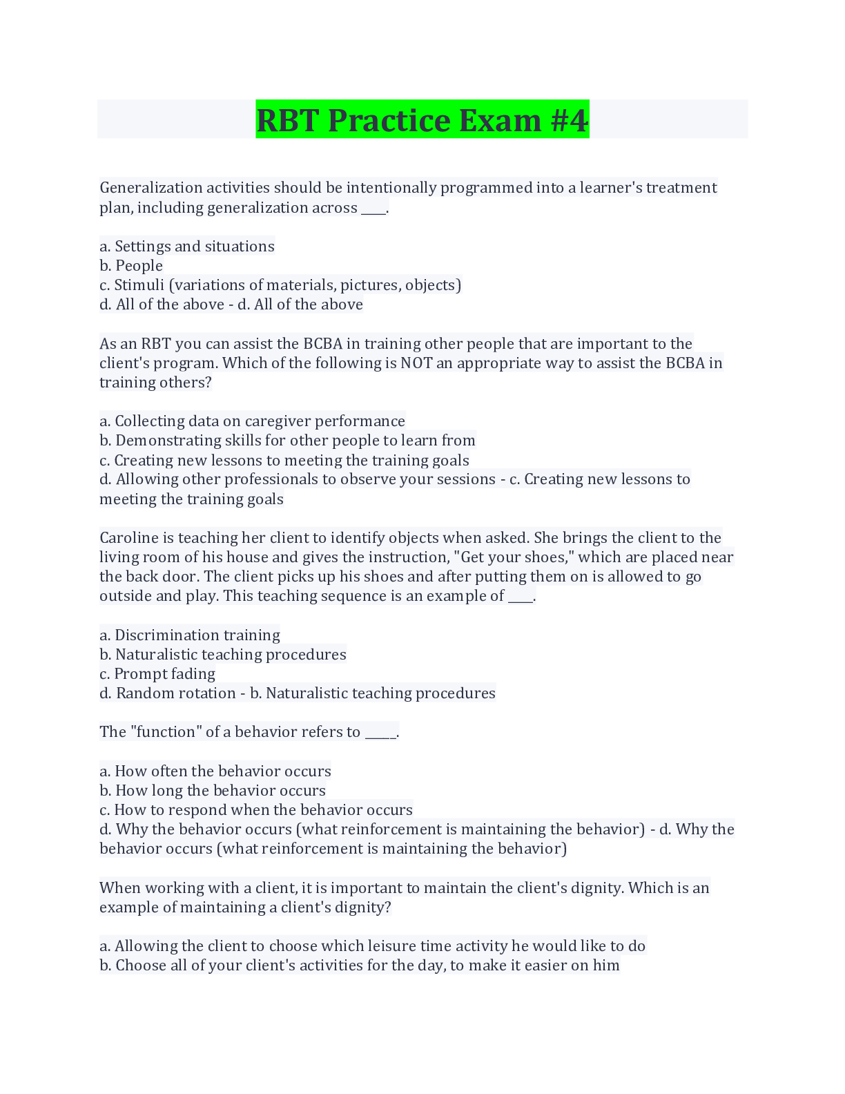 RBT Practice Exam #4 Questions And Answers Multiple Choices With ...