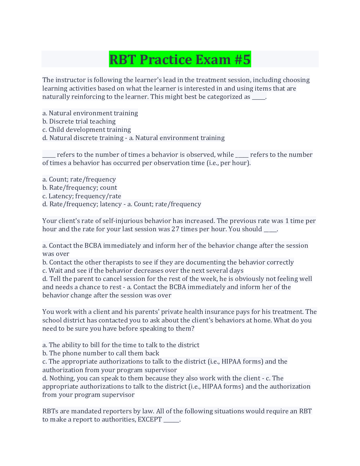 RBT Practice Exam #4 Questions And Answers Multiple Choices With ...