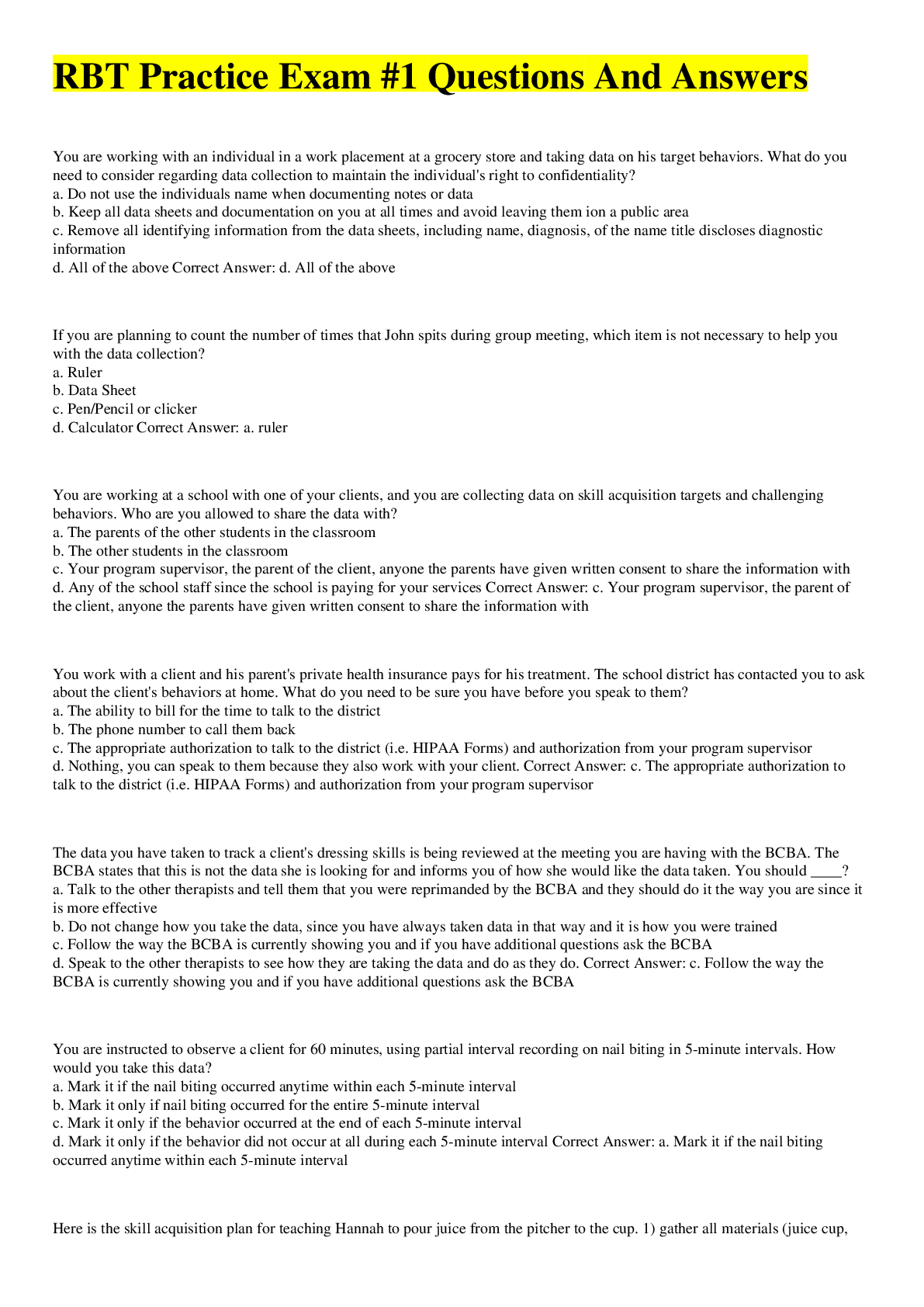 RBT (Registered Behavior Technician) Exam 1 - Questions and Answers ...