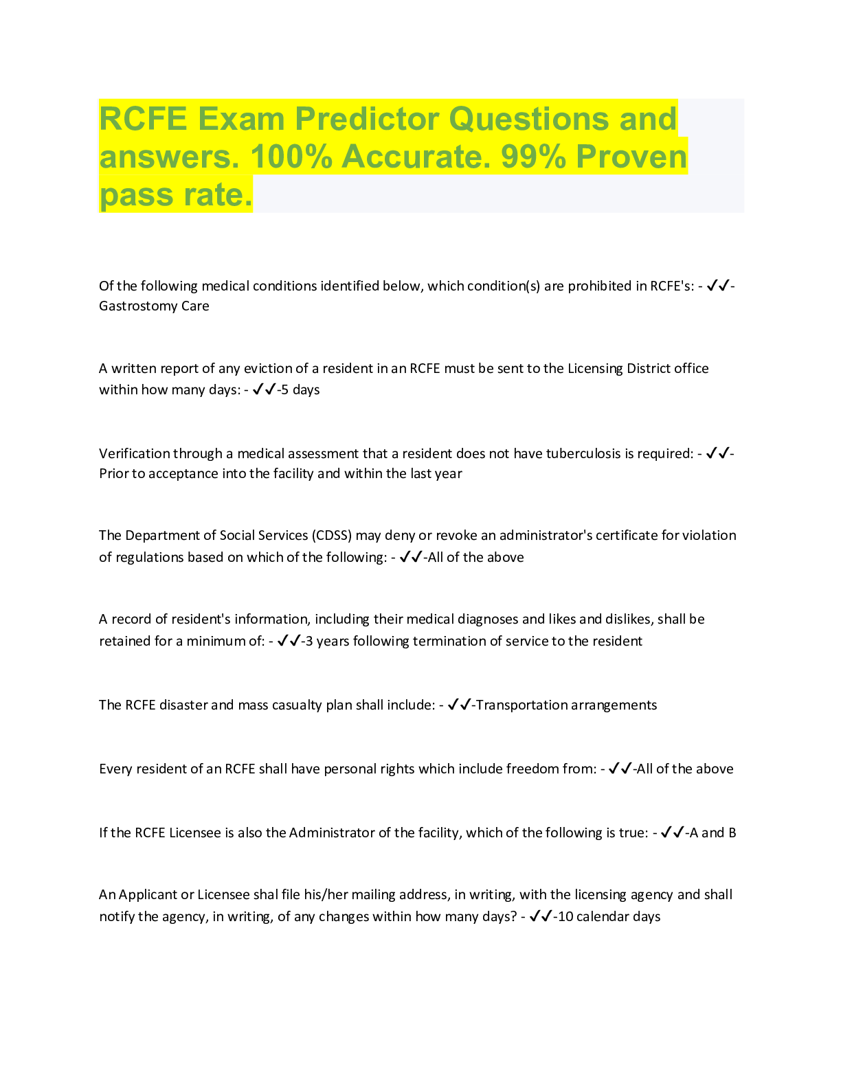 RCFE Exam Predictor Questions and answers. 100% Accurate. 99% Proven ...