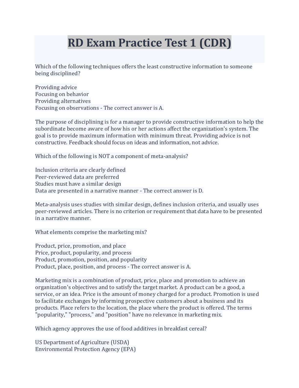 RD Exam Practice Test 1 (CDR) | 130 Questions With Complete Solutions ...
