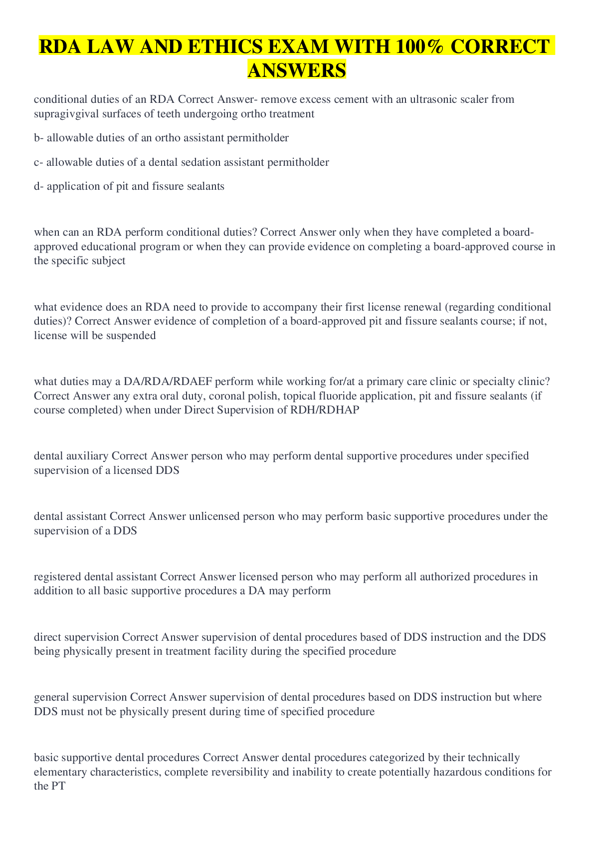 RDA LAW AND ETHICS EXAM WITH 100% CORRECT ANSWERS - Scholarfriends
