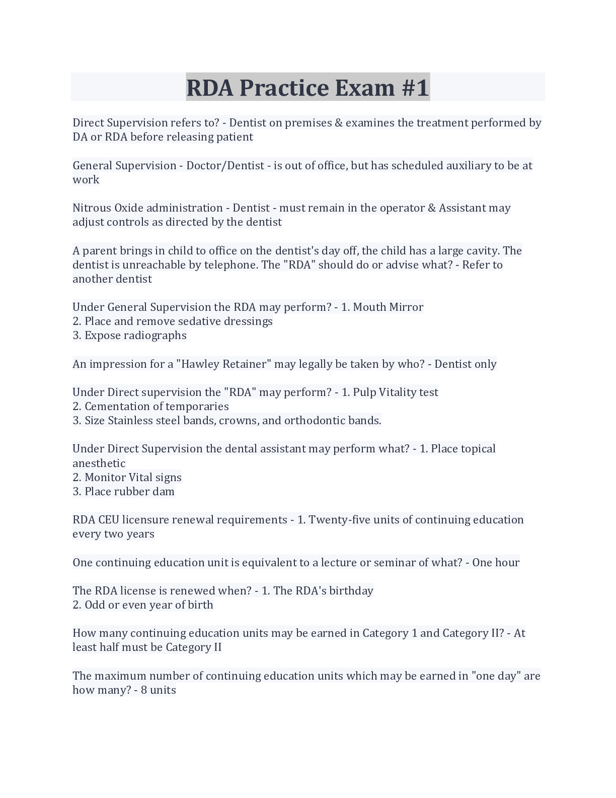 RDA Practice Exam #1 Questions And Answers - Scholarfriends