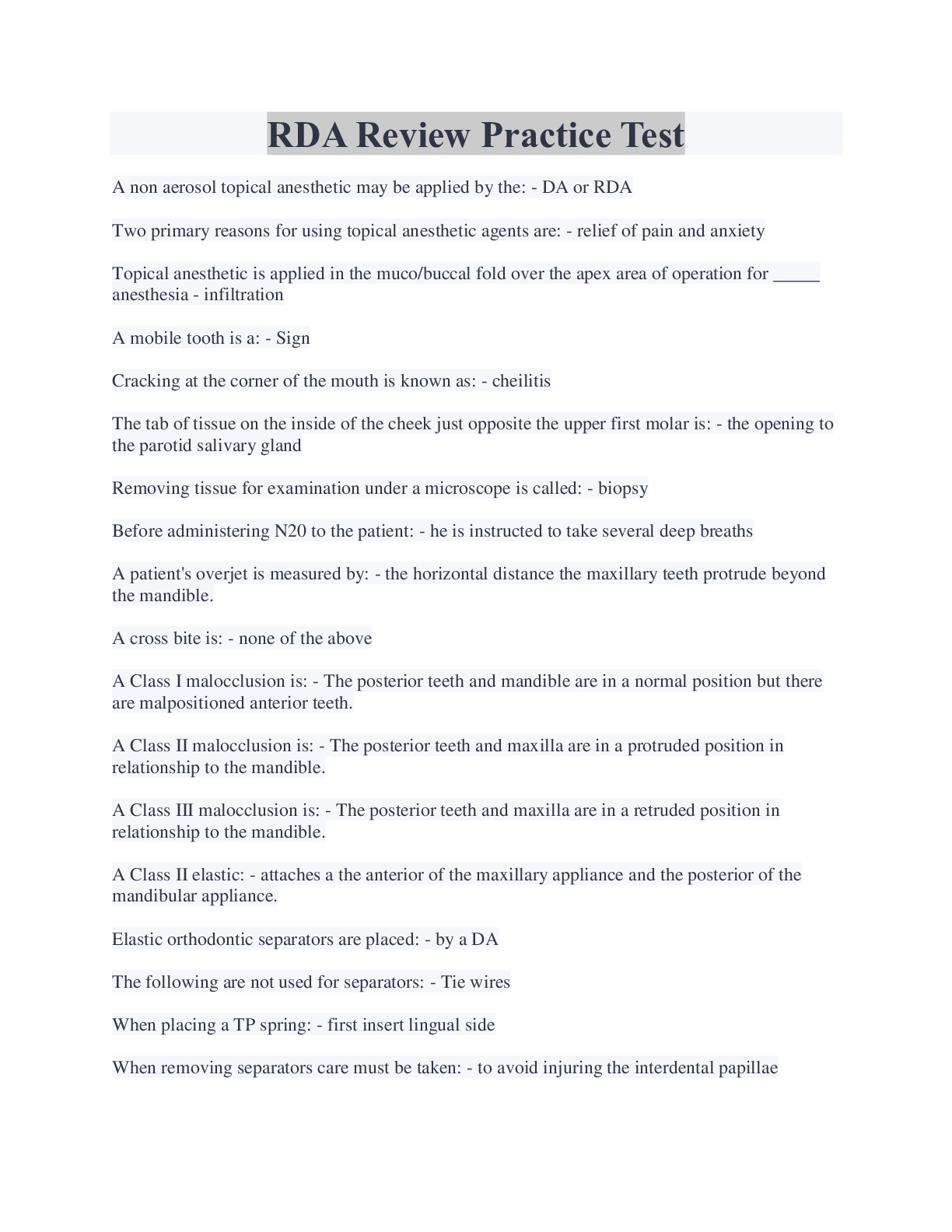 RDA Review Practice Test Questions And Answers - Scholarfriends