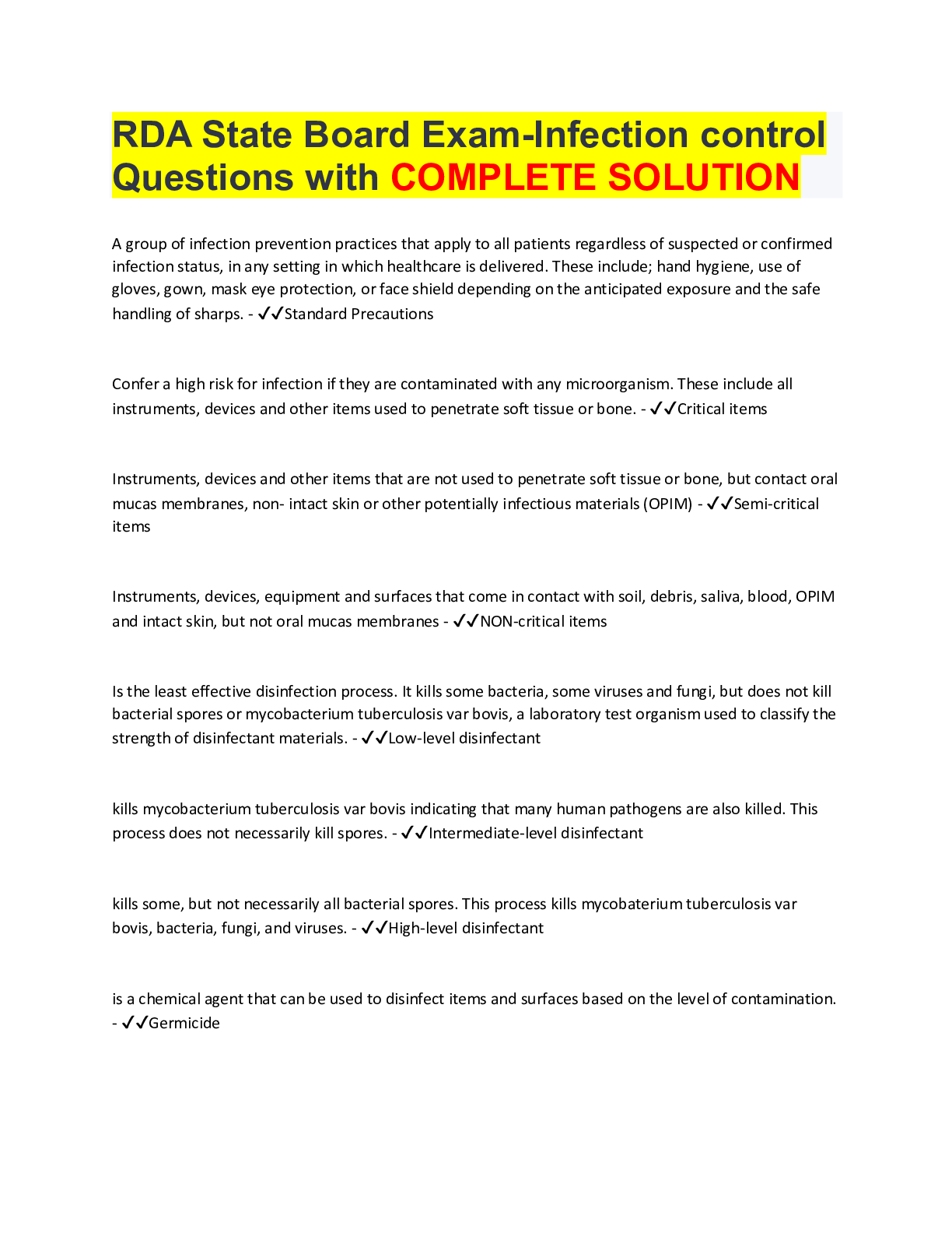 RDA State Board Exam-Infection control Questions with COMPLETE SOLUTION ...