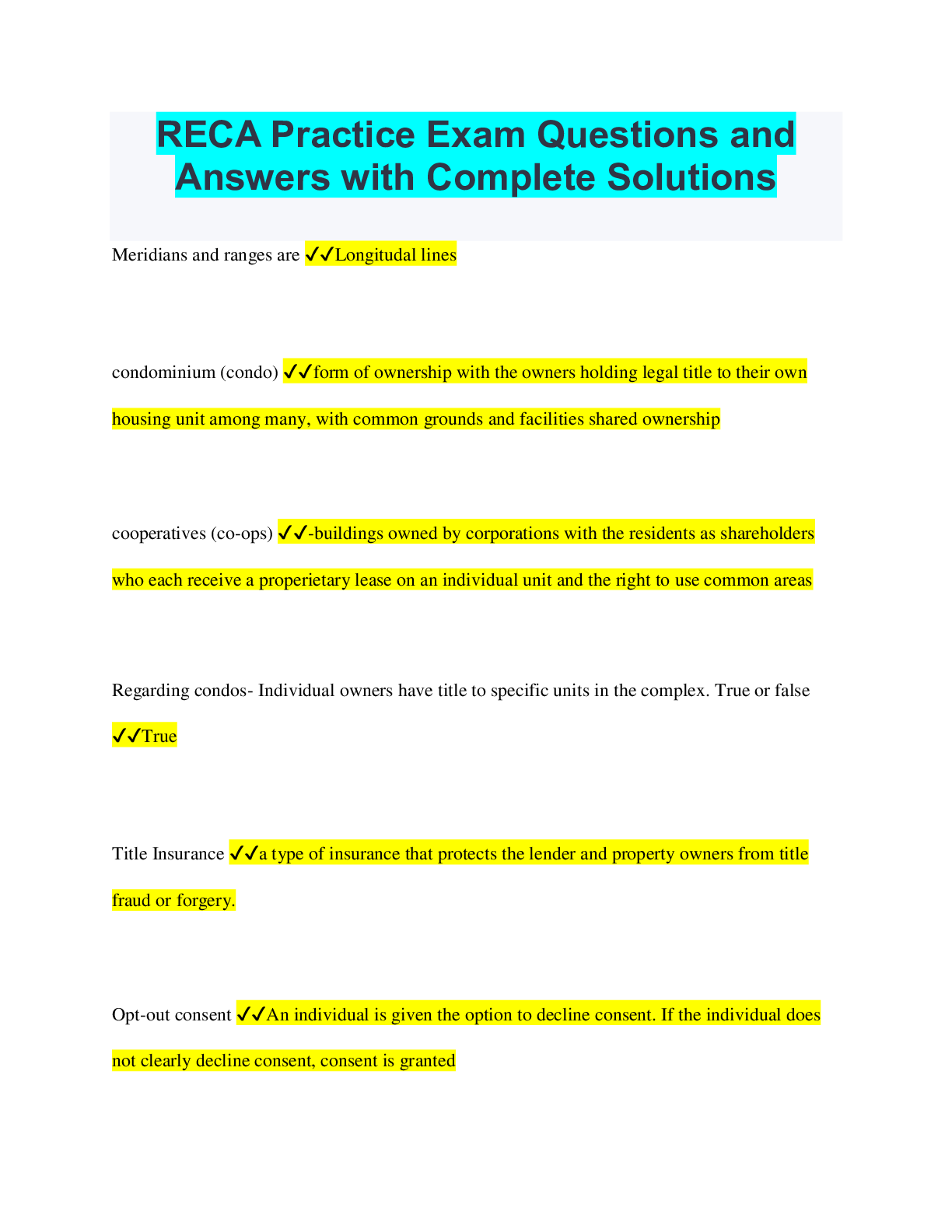 RECA Practice Exam Questions and Answers with Complete Solutions ...