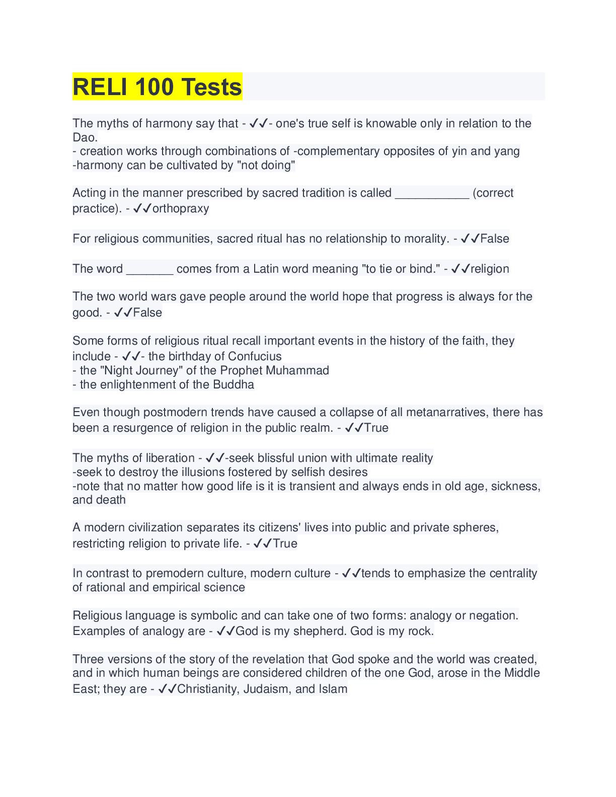 RELI 100 Tests | 117 Questions with 100% Correct Answers - Scholarfriends