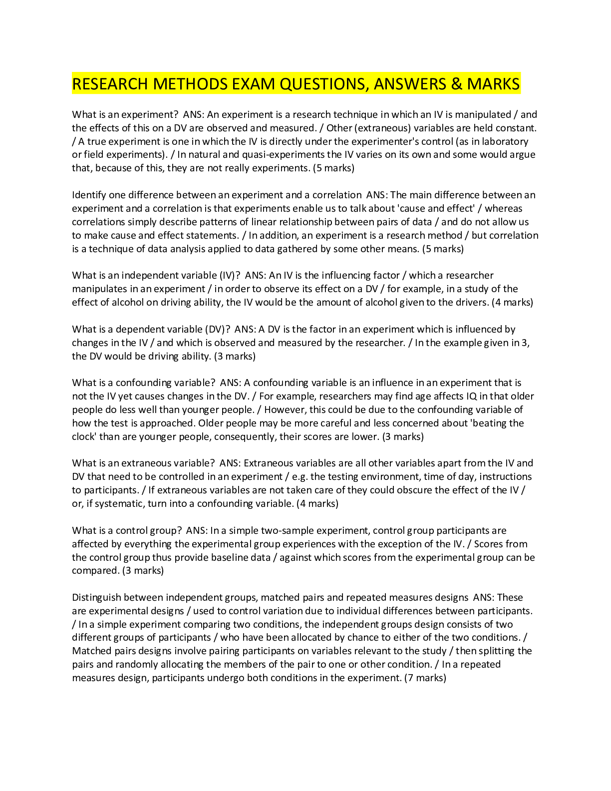 RESEARCH METHODS EXAM QUESTIONS, ANSWERS & MARKS - Scholarfriends