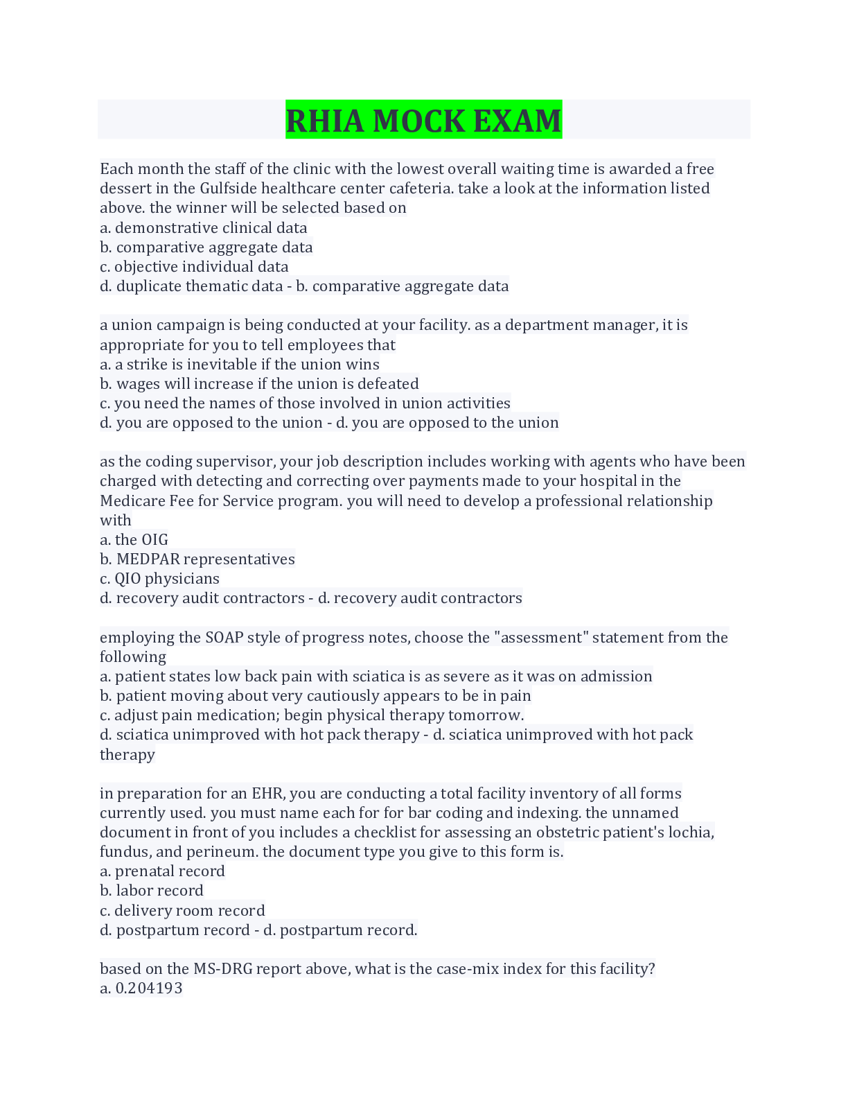 RHIA MOCK EXAM - Scholarfriends