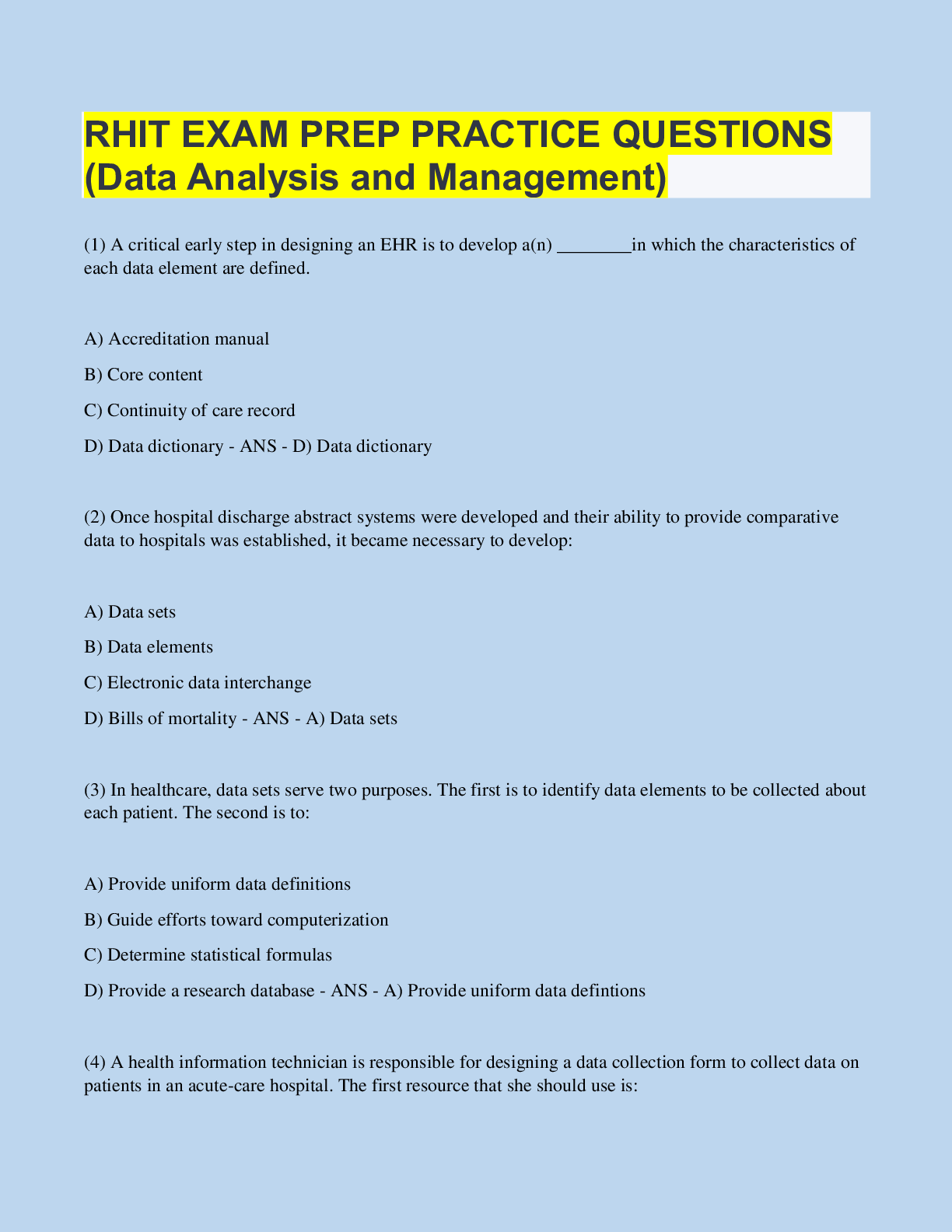 RHIT EXAM PREP PRACTICE QUESTIONS (Data Analysis and Management ...