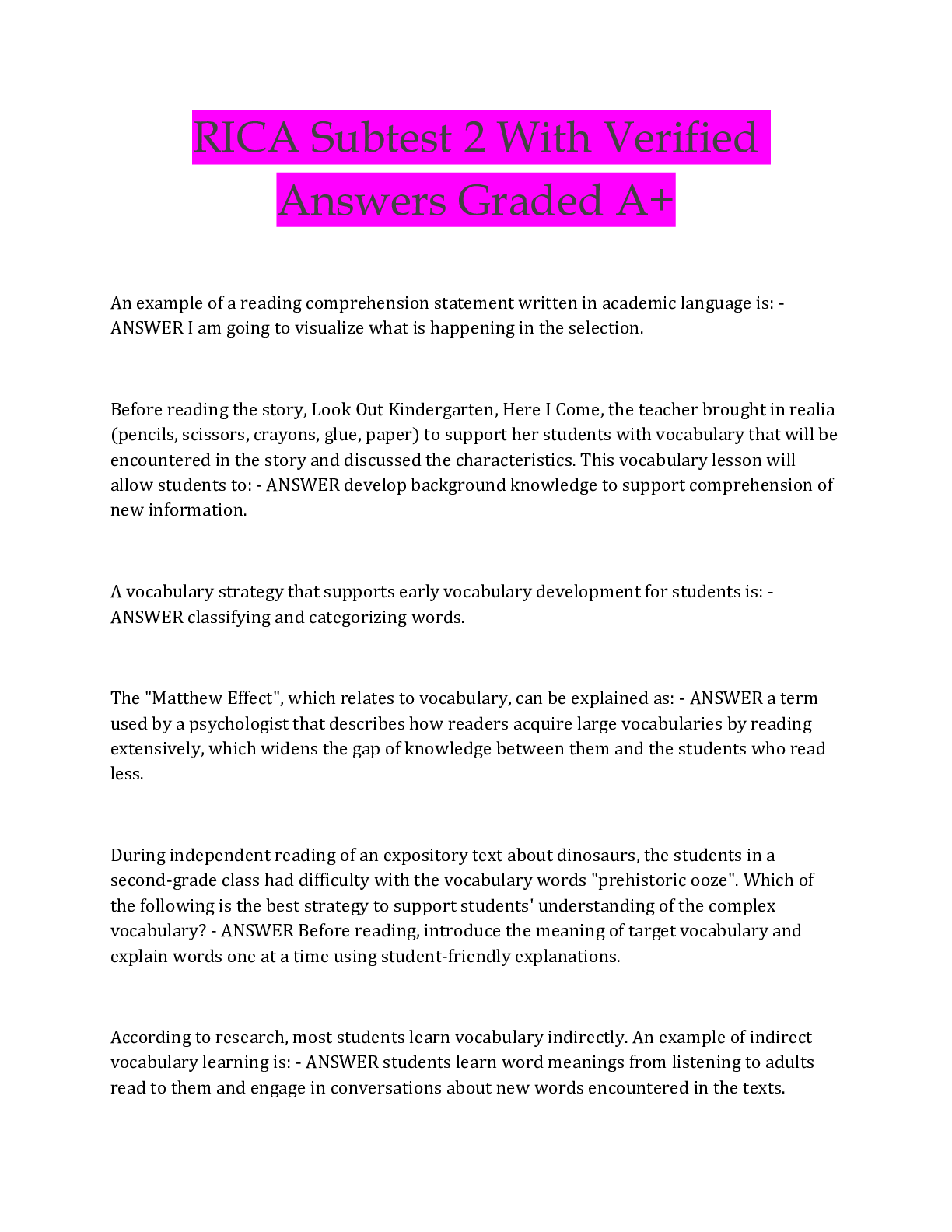 RICA Subtest 2 With Verified Answers Graded A+ - Scholarfriends