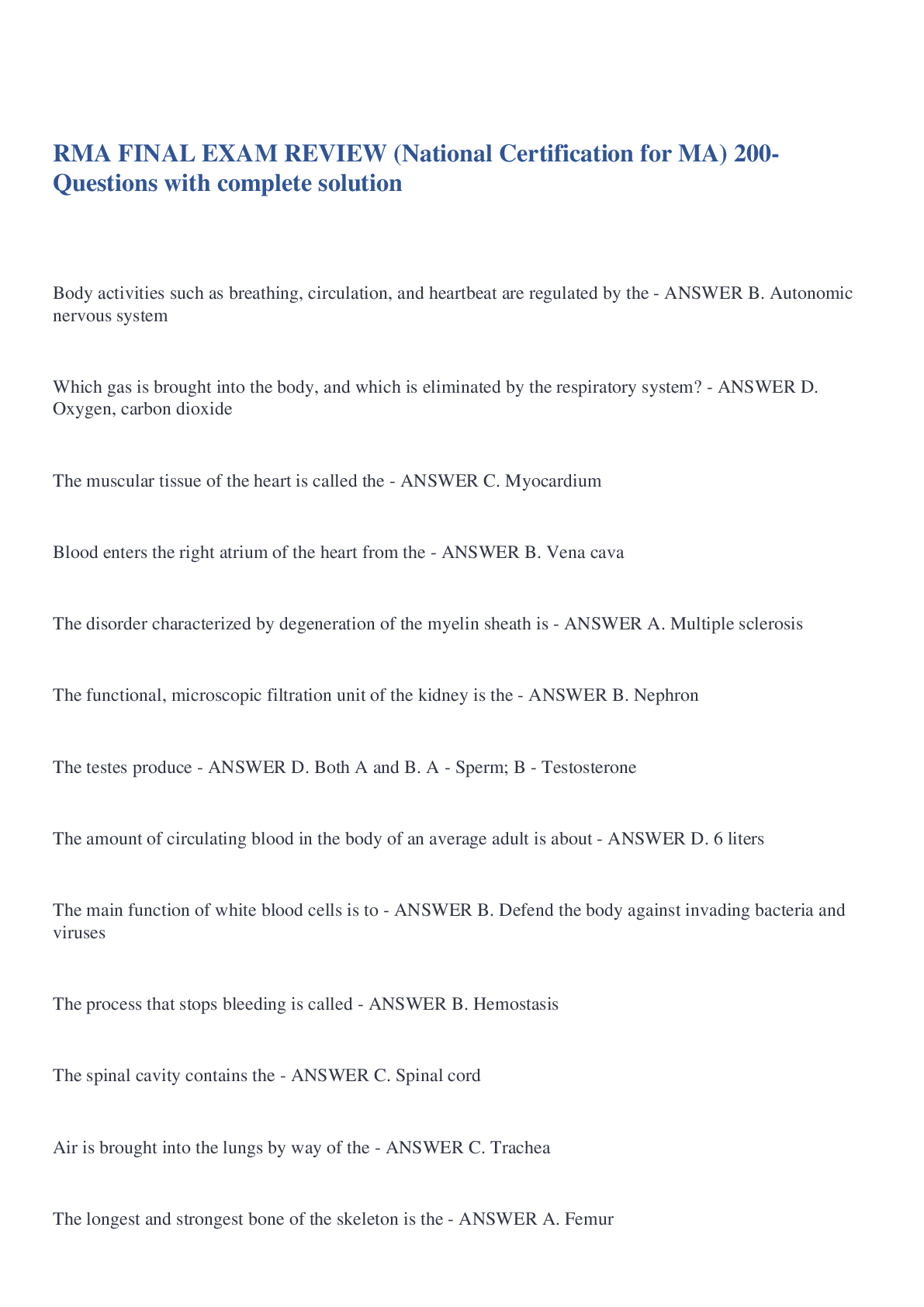 RMA FINAL EXAM REVIEW (National Certification for MA) 200-Questions ...
