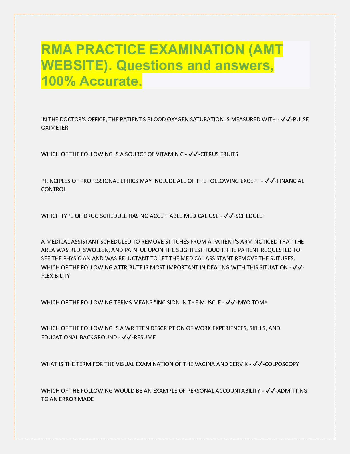 RMA PRACTICE EXAMINATION (AMT WEBSITE). Questions and answers, 100% ...