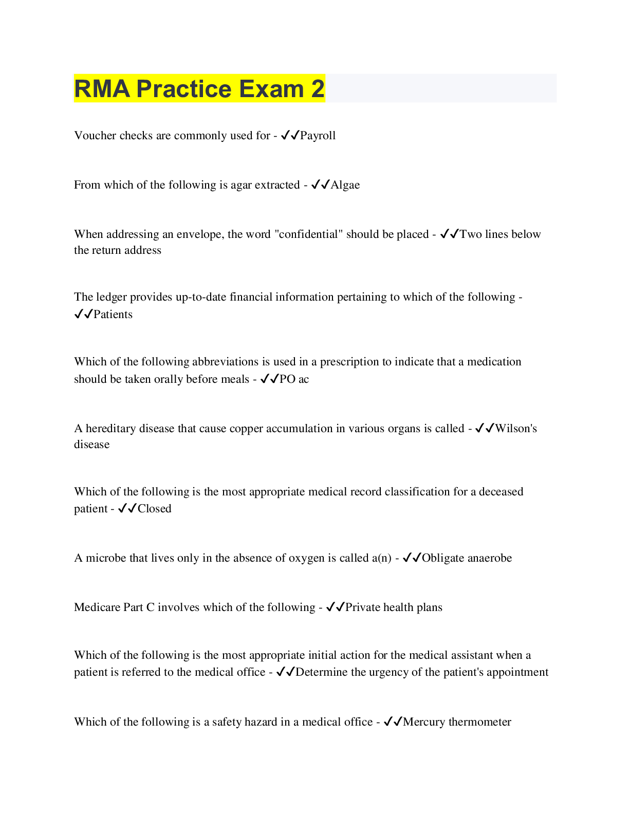 RMA Practice Exam 2 with COMPLETE SOLUTION - Scholarfriends