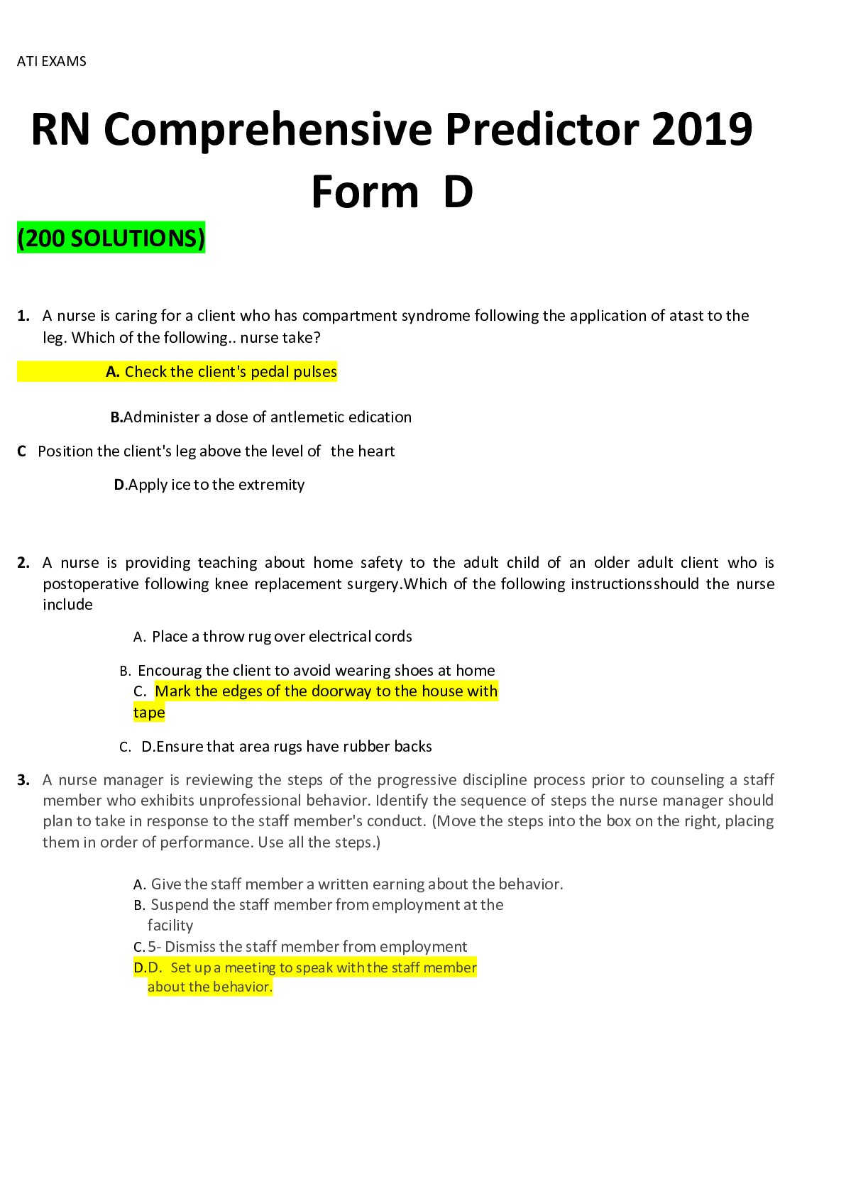RN Comprehensive Predictor 2019 Form D – Scholarfriends - Scholarfriends