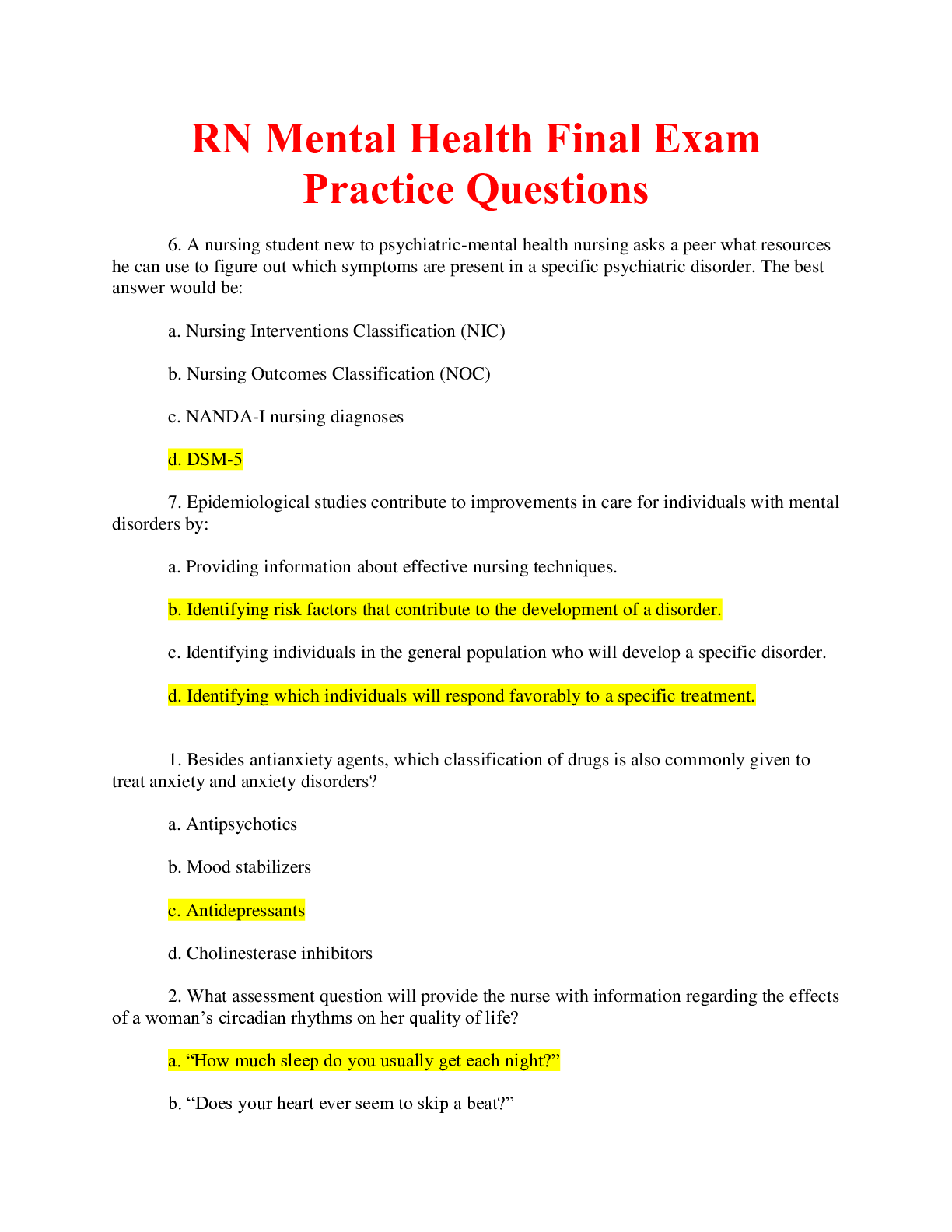RN Mental Health Final Exam Practice Questions with Answers ...