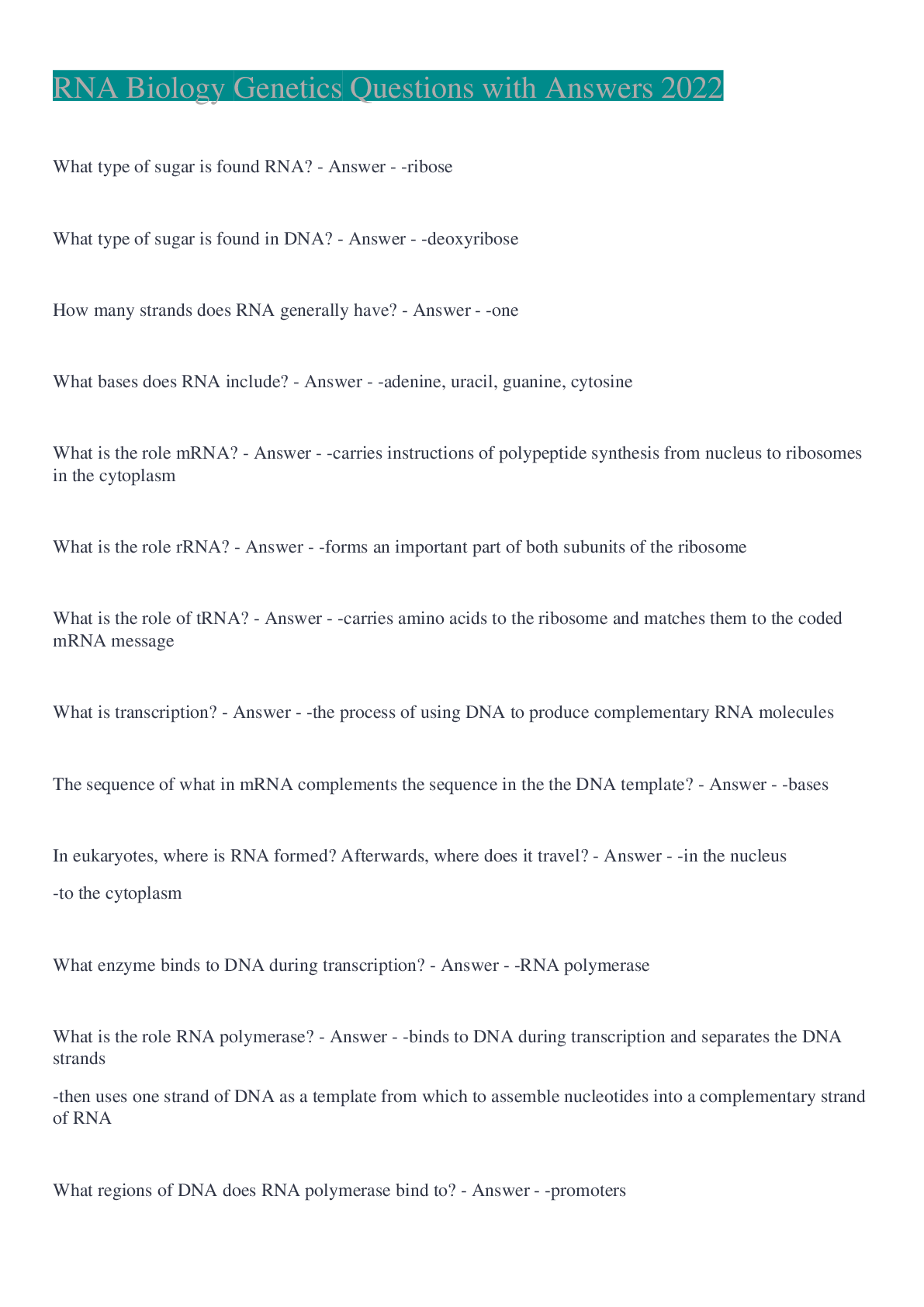 RNA Biology Genetics Questions with Answers 2022 - Scholarfriends