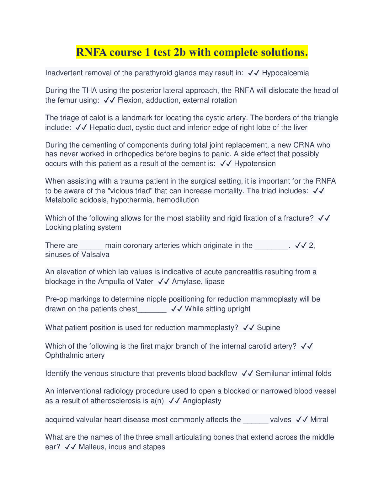 RNFA course 1 test 2b with complete solutions. - Scholarfriends