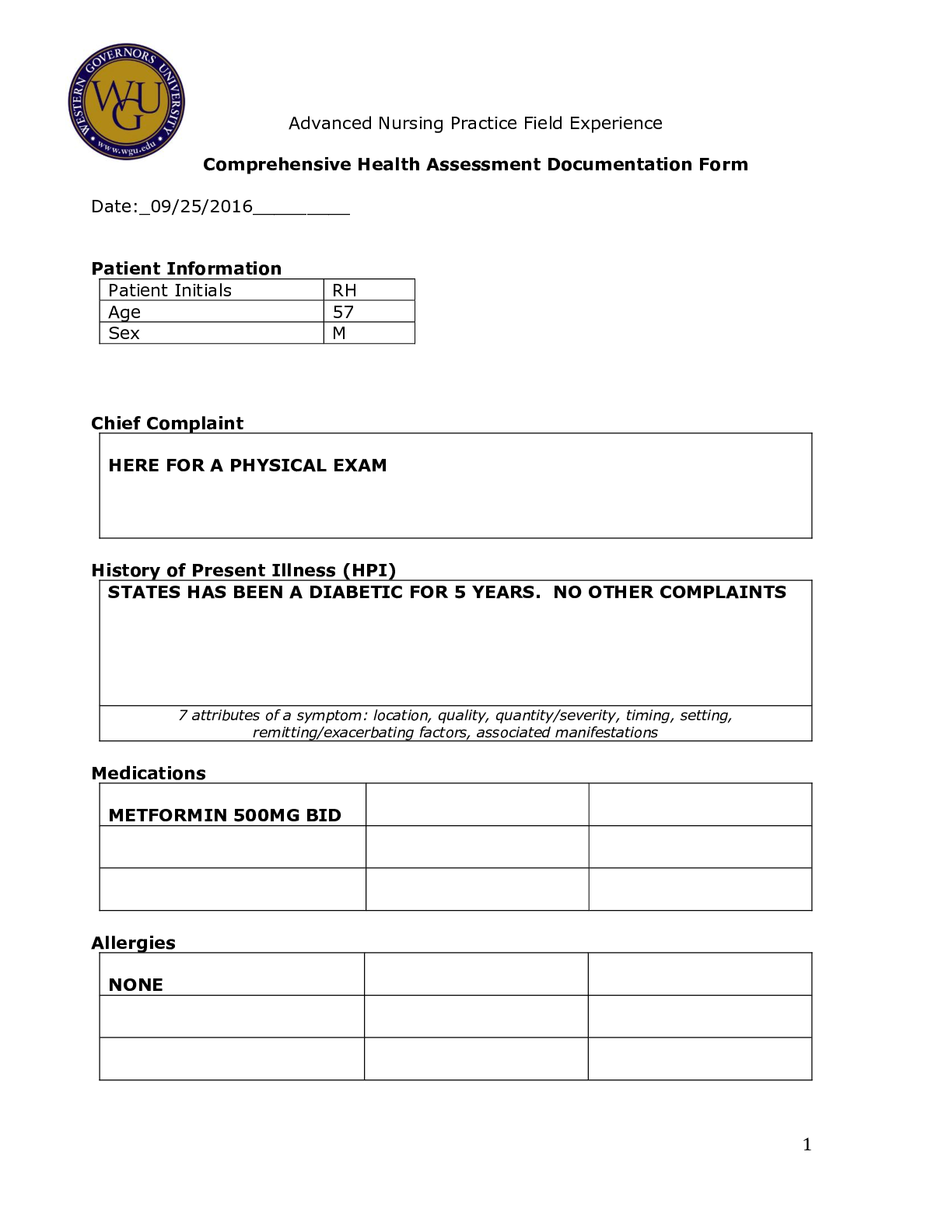 Advanced Nursing Practice Field Experience Comprehensive Health ...