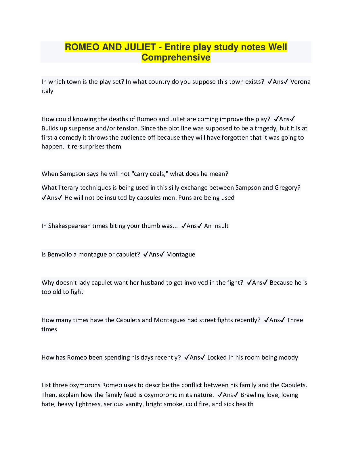 ROMEO AND JULIET - Entire play study notes Well Comprehensive ...