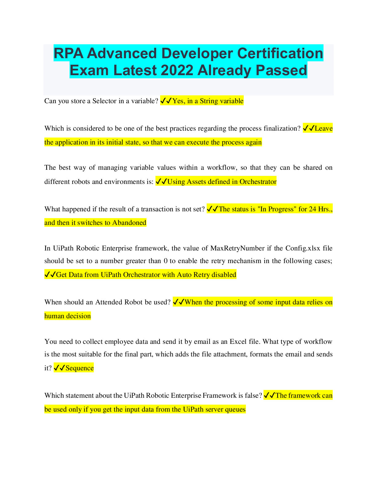 RPA Advanced Developer Certification Exam Latest 2022 Already Passed ...