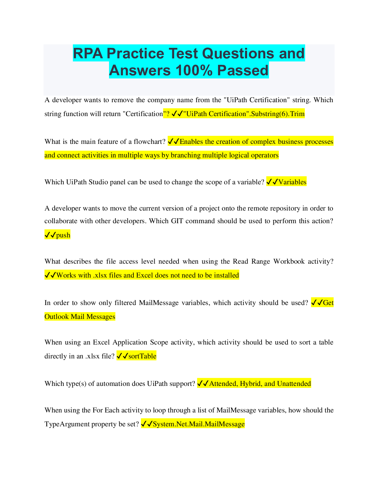 RPA Practice Test Questions and Answers 100% Passed - Scholarfriends