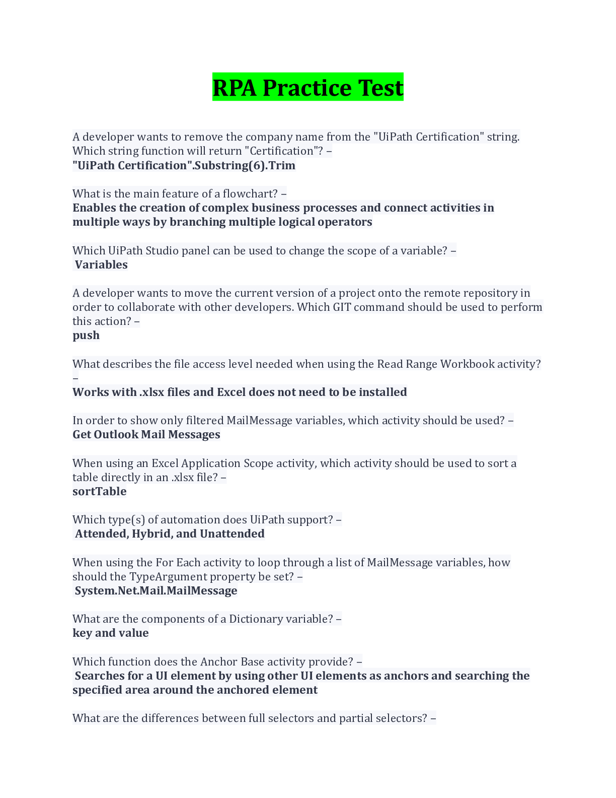 RPA TESTS SOLUTION PACK - Scholarfriends