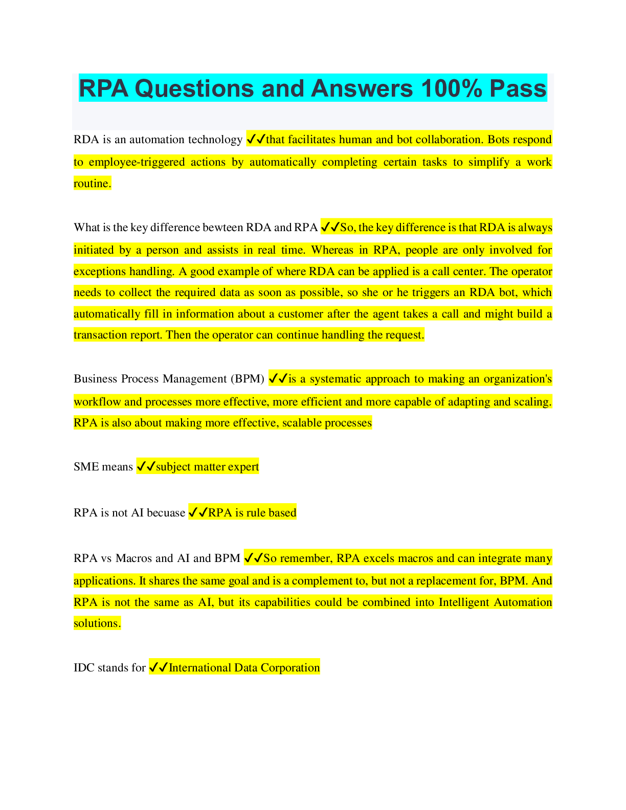 RPA Questions and Answers 100% Pass - Scholarfriends