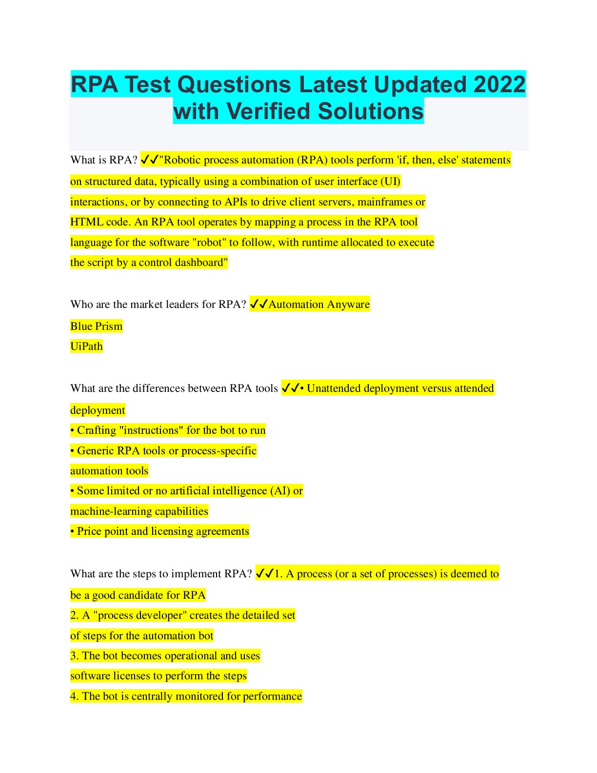 RPA Test Questions Latest Updated 2022 with Verified Solutions ...