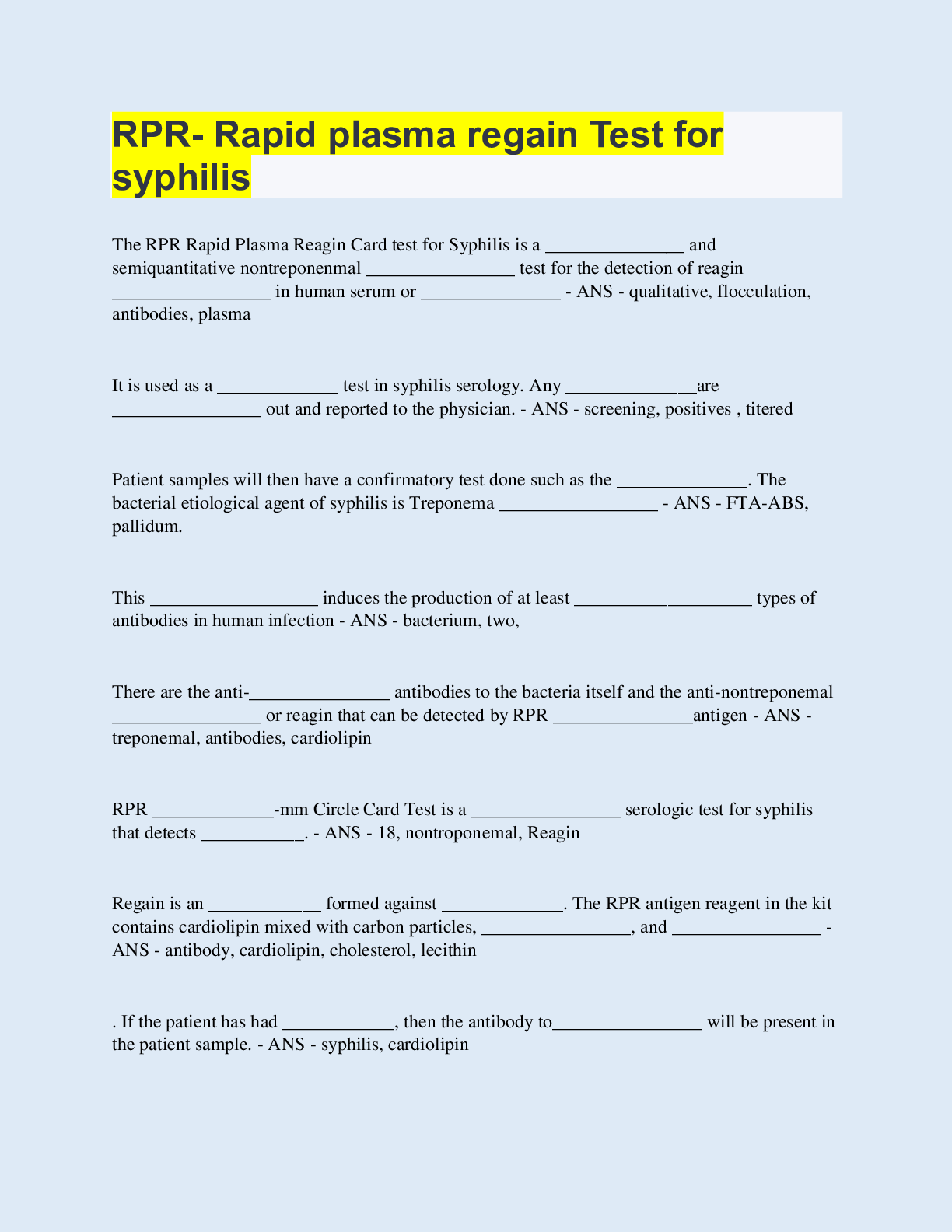 RPR- Rapid plasma regain Test for syphilis | 45 Questions with 100% ...