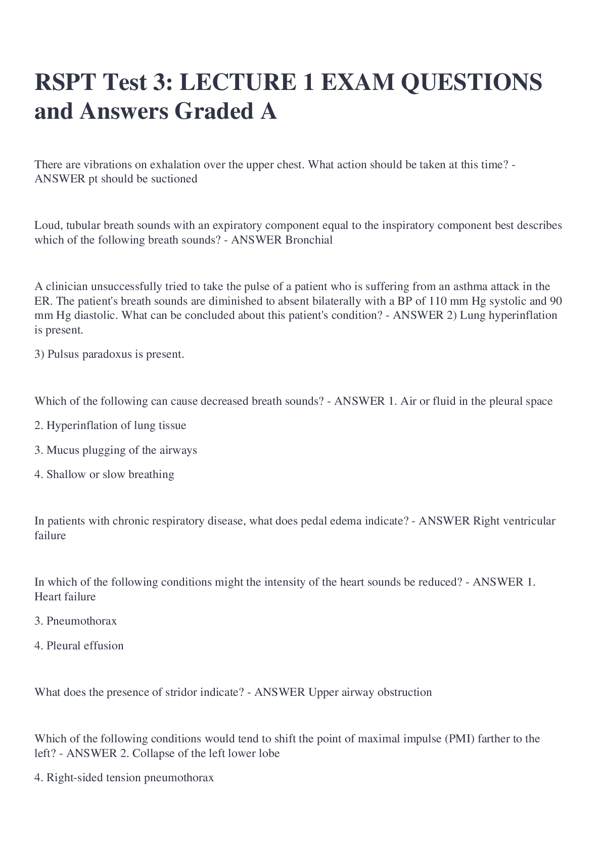 RSPT Test 3: LECTURE 1 EXAM QUESTIONS and Answers Graded A ...