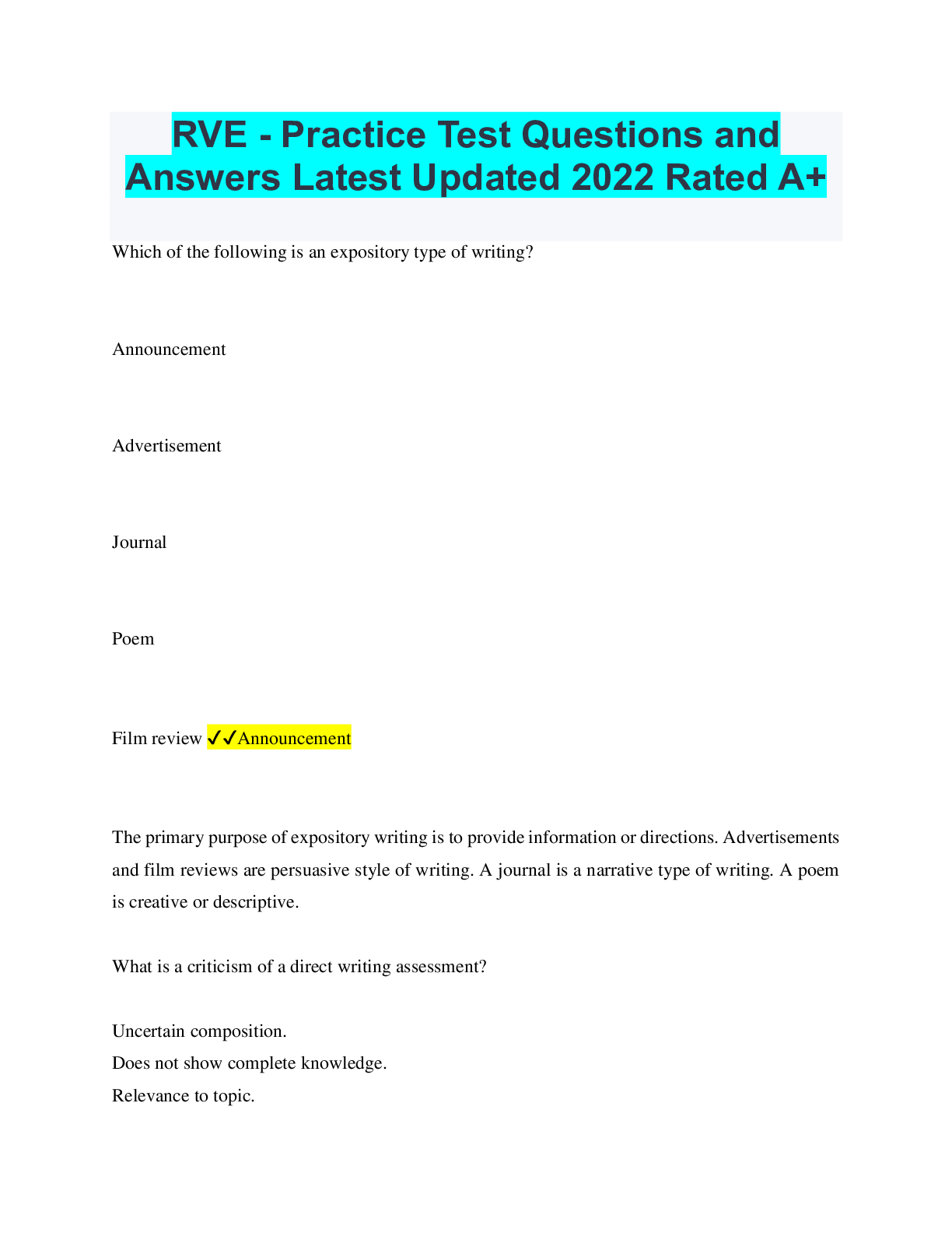 RVE - Practice Test Questions and Answers Latest Updated 2022 Rated A+ ...