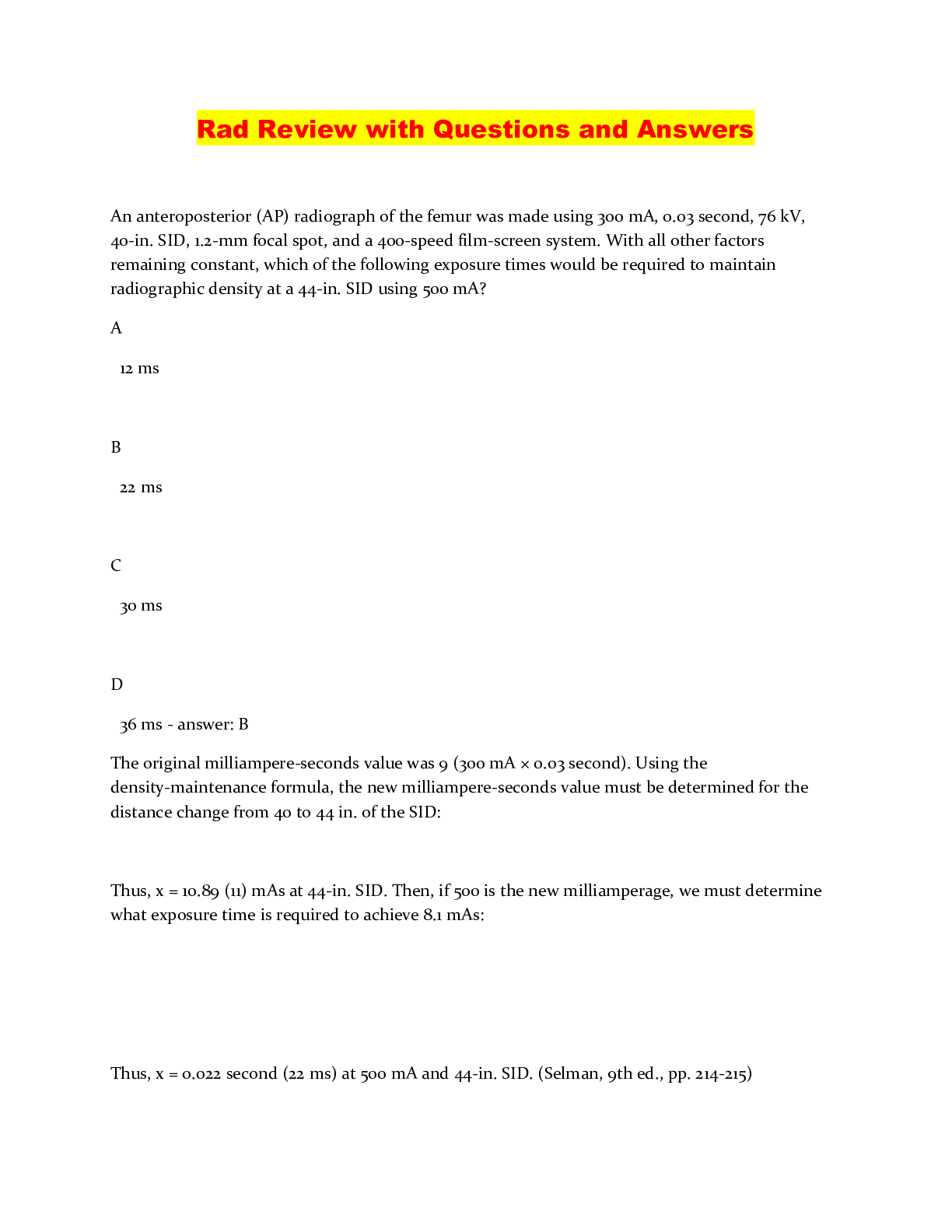 Rad Review with Questions and Answers - Scholarfriends