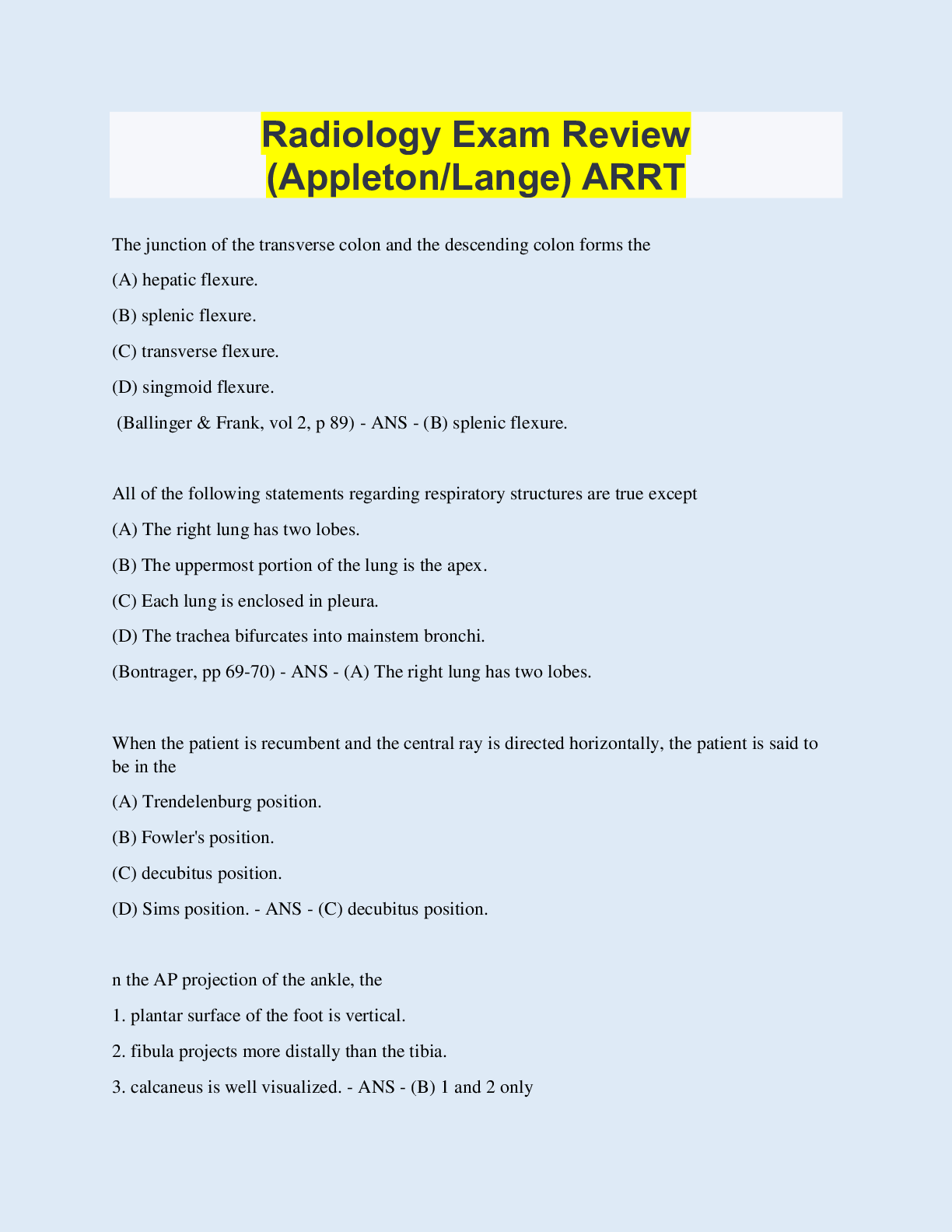 Radiology Exam Review (Appleton/Lange) ARRT | 320 Questions with 100% ...