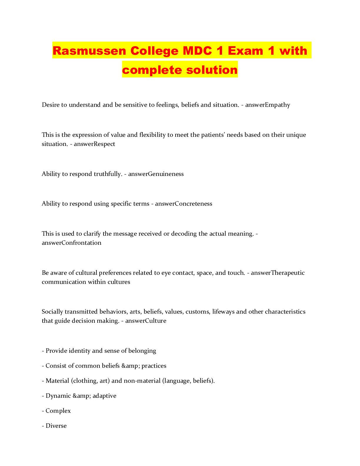 Rasmussen College MDC 1 Exam 1 with complete solution - Scholarfriends