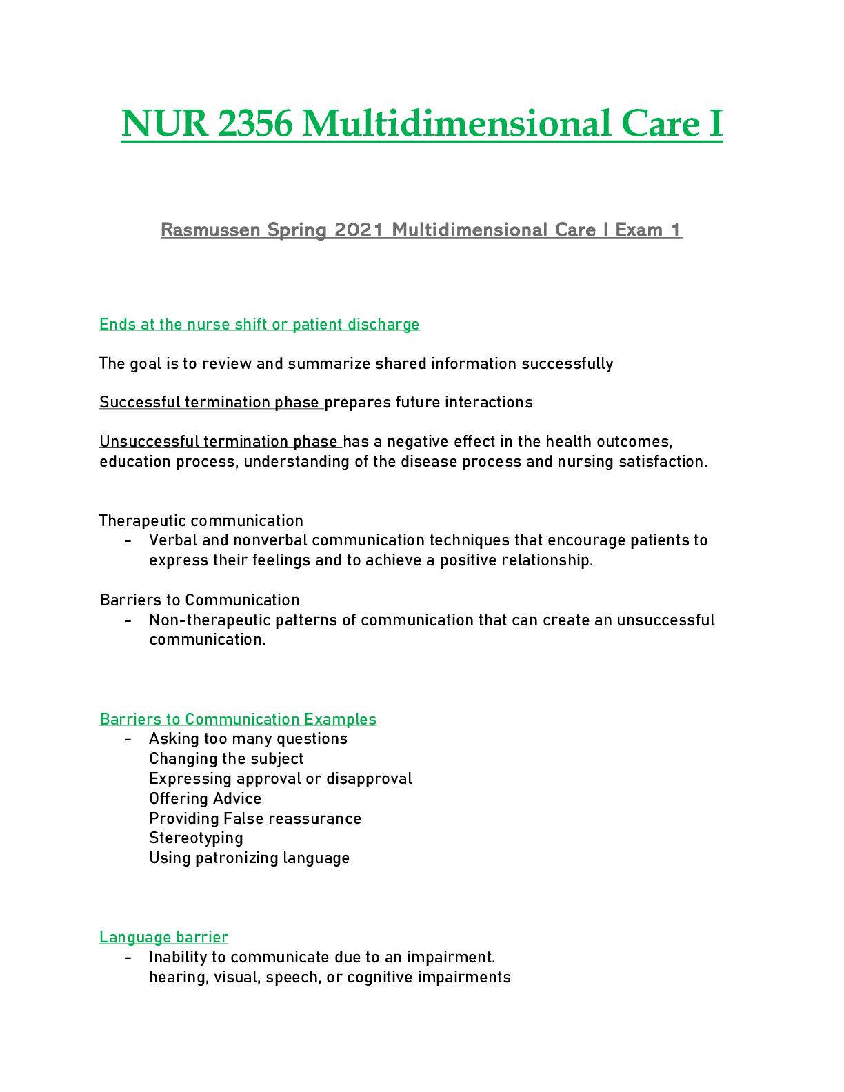 NUR 2356 / NUR2356 Exam 1 (Spring 2021): Multidimensional Care I / MDC ...