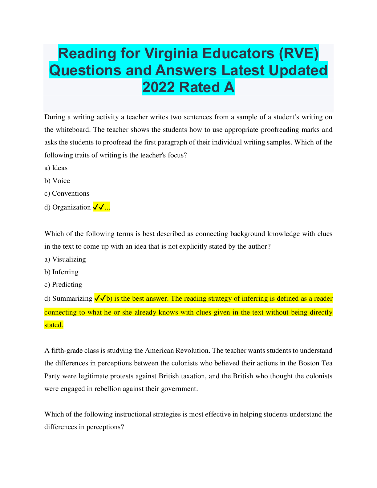 Reading for Virginia Educators (RVE) Questions and Answers Latest ...
