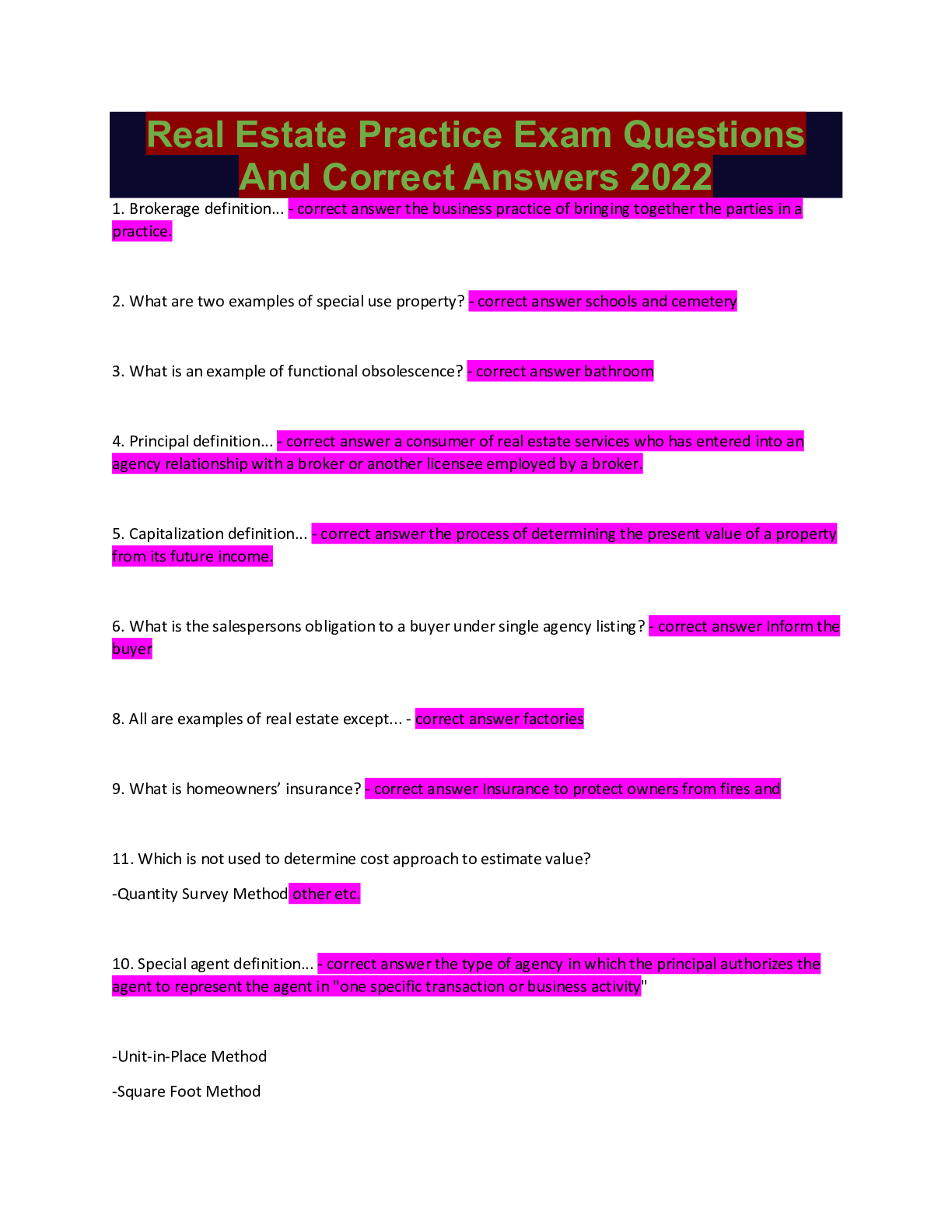 Real Estate Practice Exam Questions And Correct Answers 2022 ...