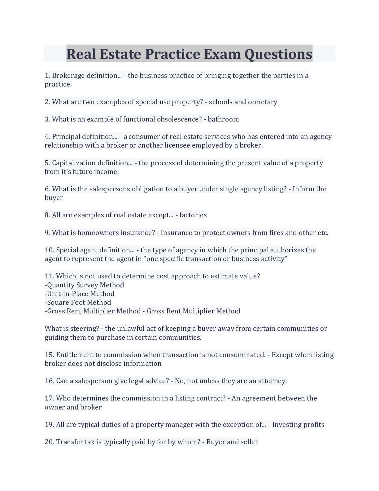 Real Estate Practice Exam Questions And Answers - Scholarfriends