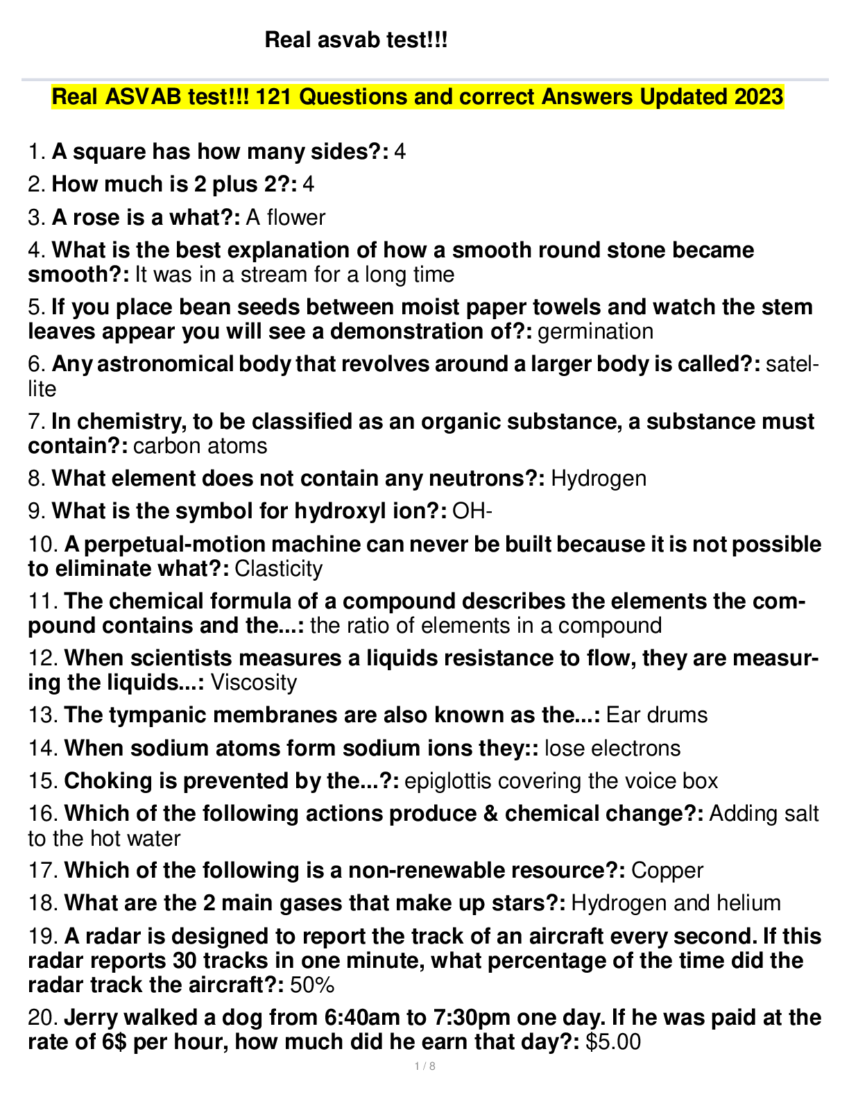 Real ASVAB test!!! 121 Questions and correct Answers Updated 2023 ...